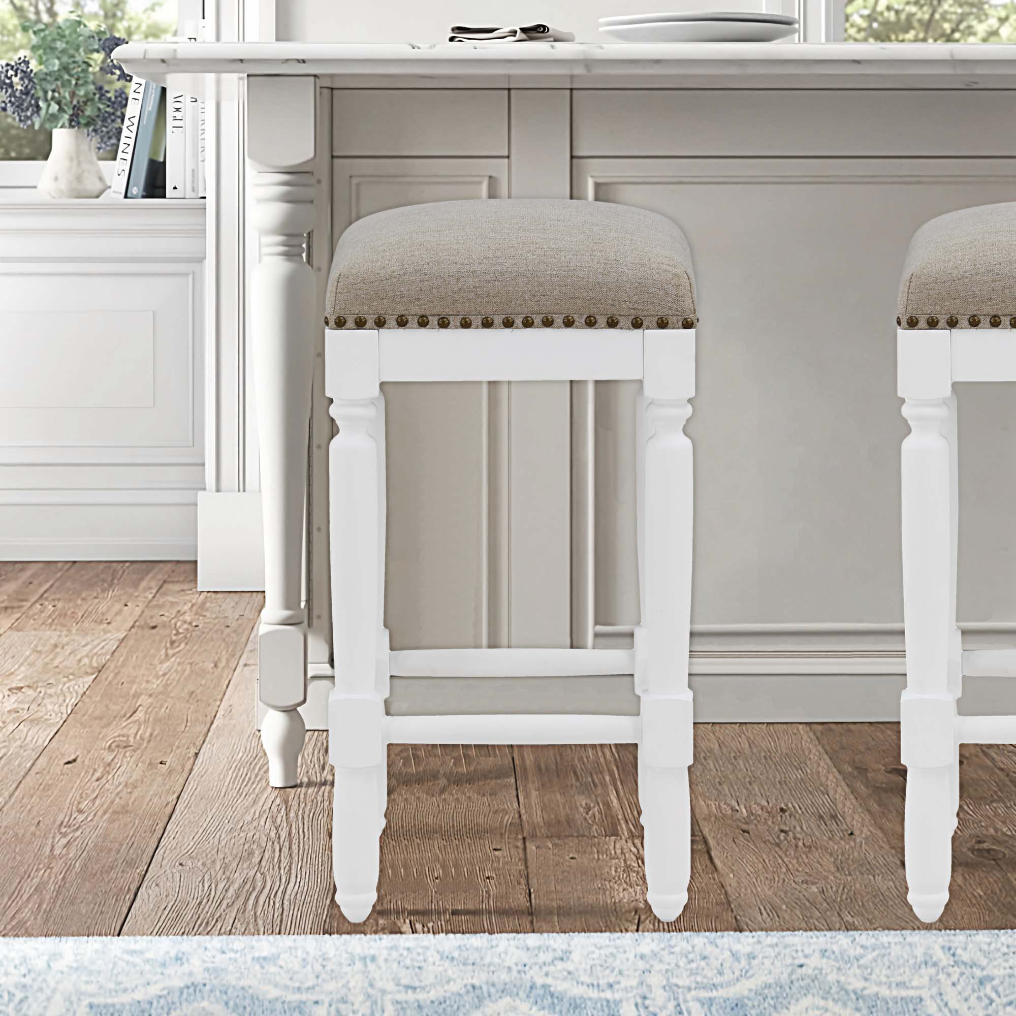 Alcott Hill Auxane White Turned Leg Counter Stool With Taupe ...