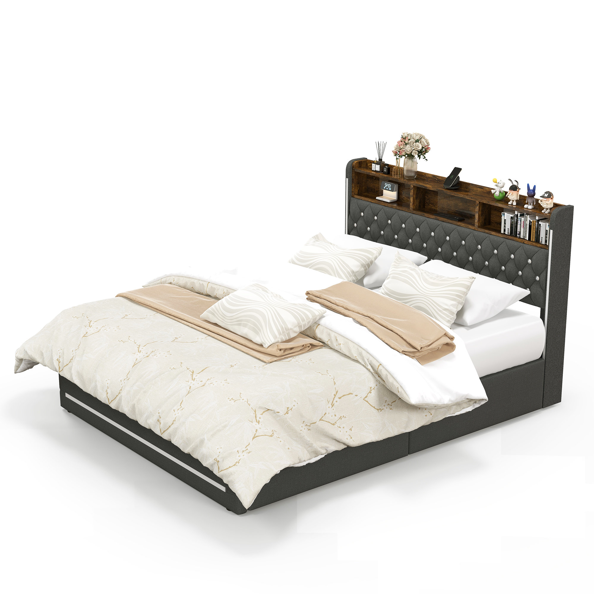 Ivy Bronx Soft Padded Bed Storage Bed With RGB LED Headboard, USB-C ...