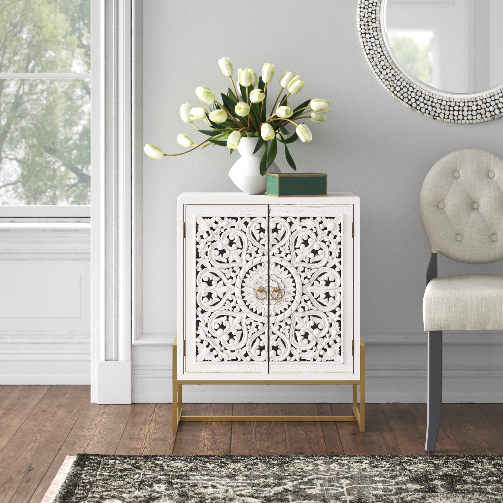 Willa Arlo™ Interiors Simms White Flower 2-Door Hollow-Carved Cabinet ...