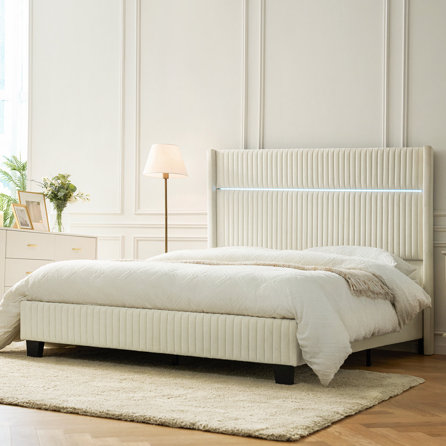 Ivy Bronx Samien 57'' H Tall Wingback Velvet Bed with Built-In LED Tube ...