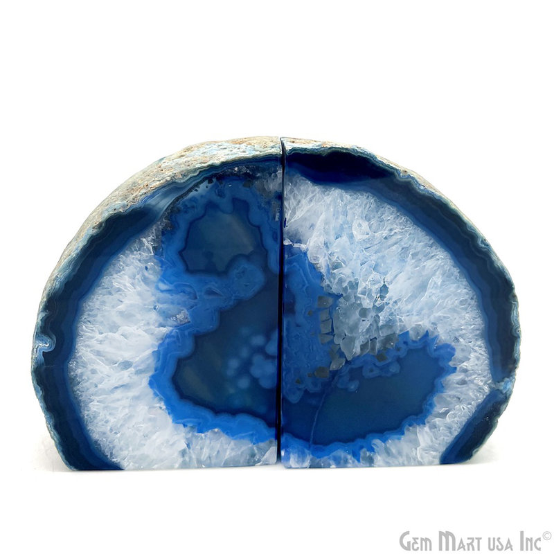 GEMMART USA Blue Geode Bookend, Unique Agate Bookend Pair, Mineral Rock ...