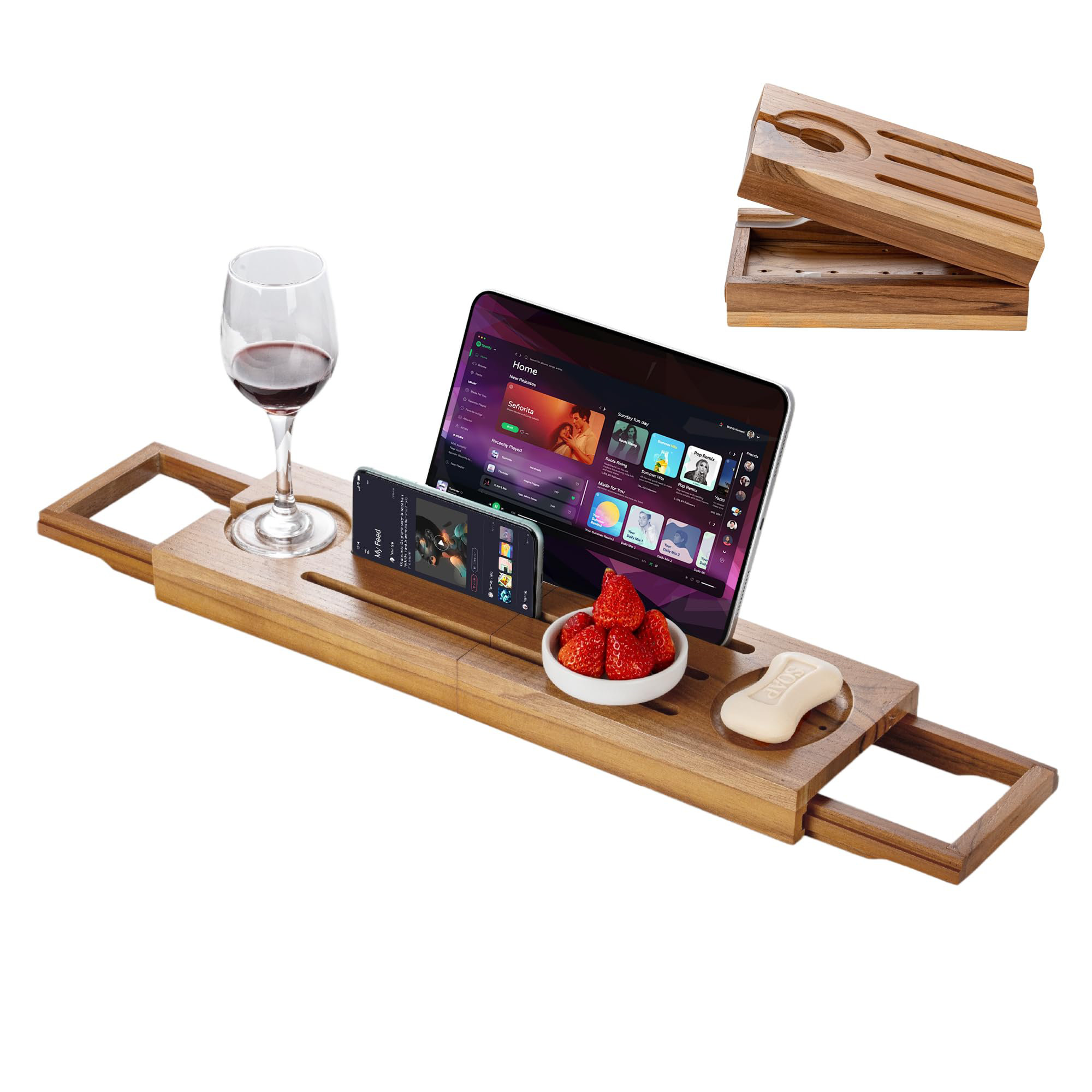 Loon Peak® Foldable Natural Teak Bathtub Tray With Retractable Handle ...