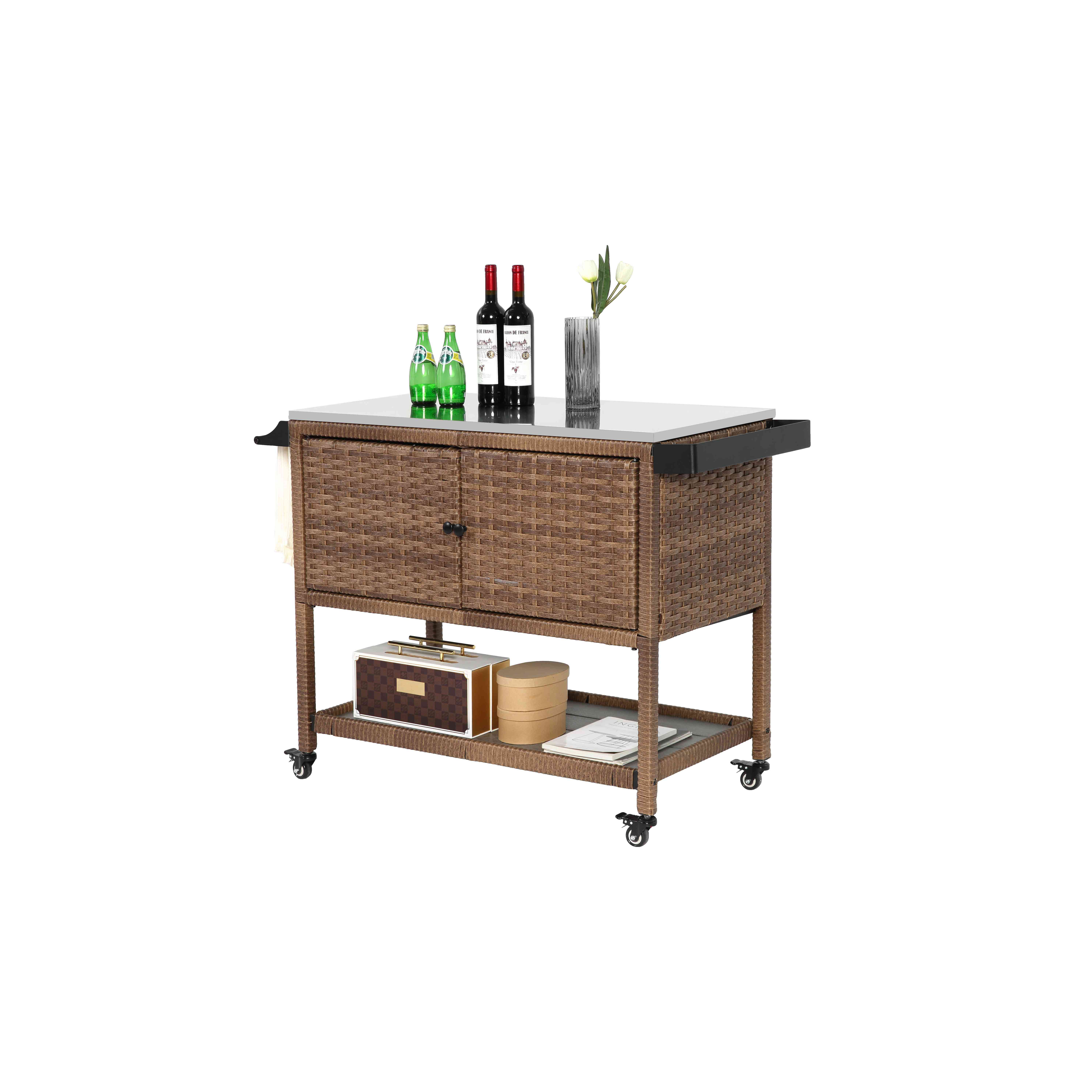 Ophelia & Co. Outdoor Wicker Bar Cart, Patio Wine Serving Cart w/Wheels ...