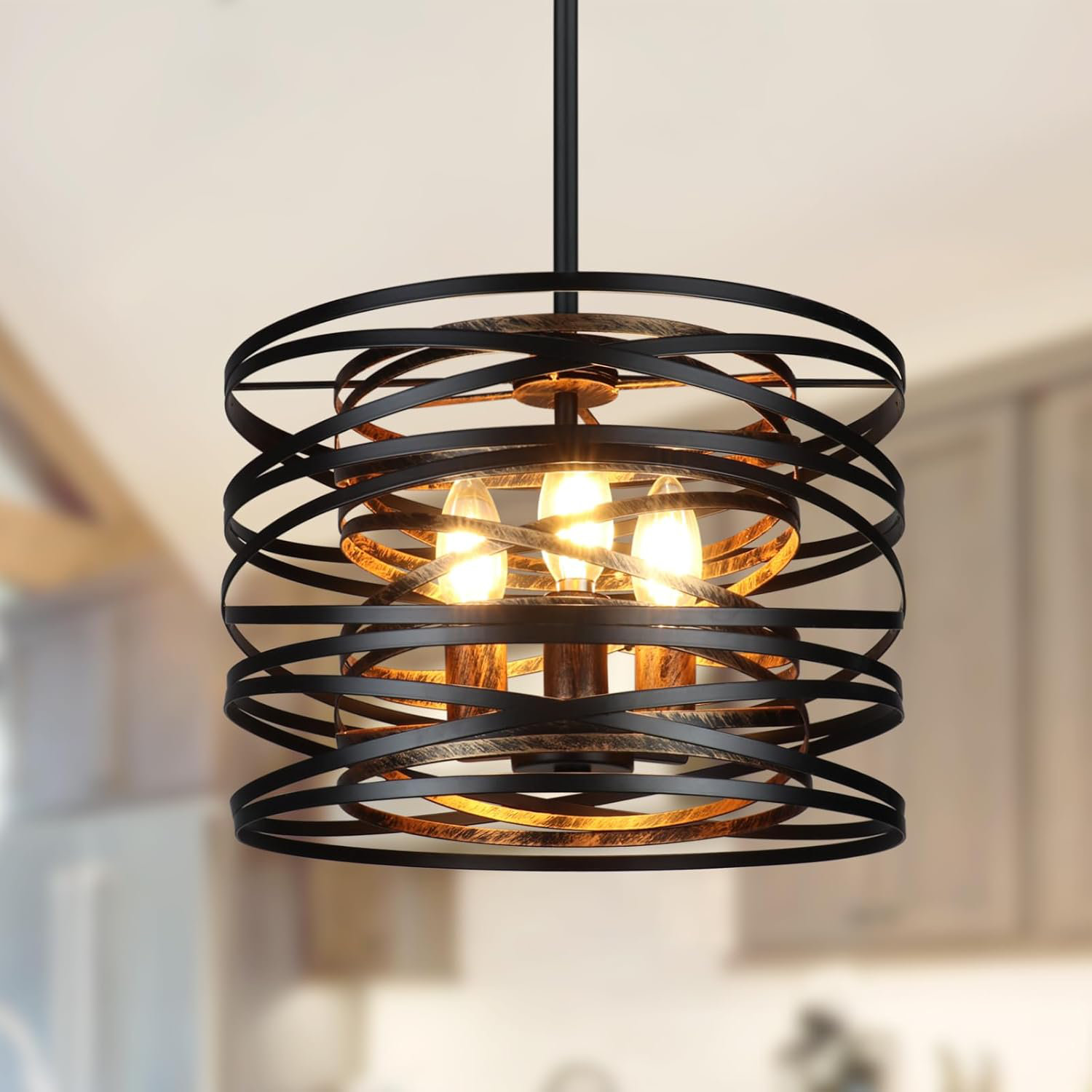 17 Stories Rustic Black Wood-Grain Metal Farmhouse Chandelier ...