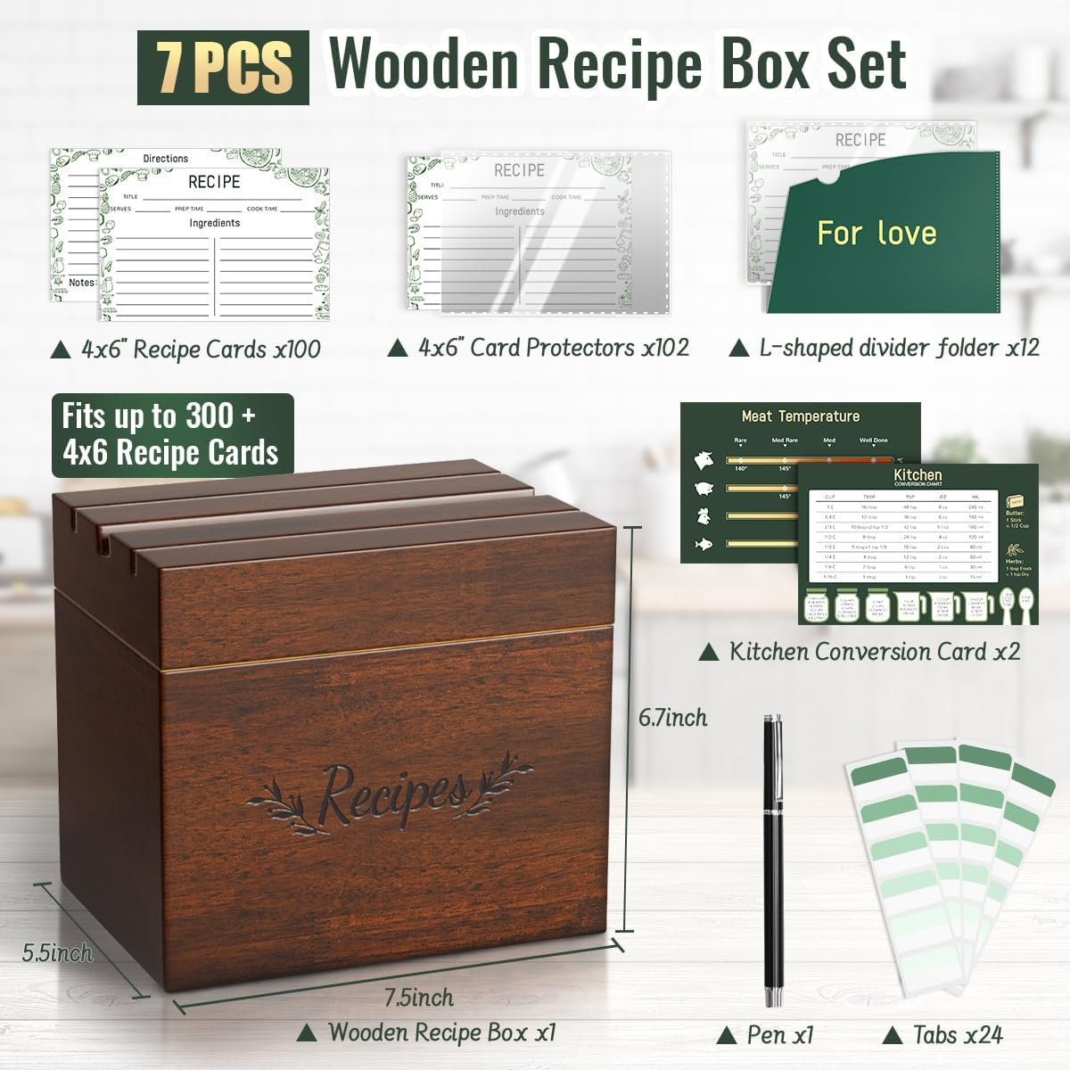 Latitude Run® Wooden Recipe Box Set-Vintage Pine Recipe Box Includes ...