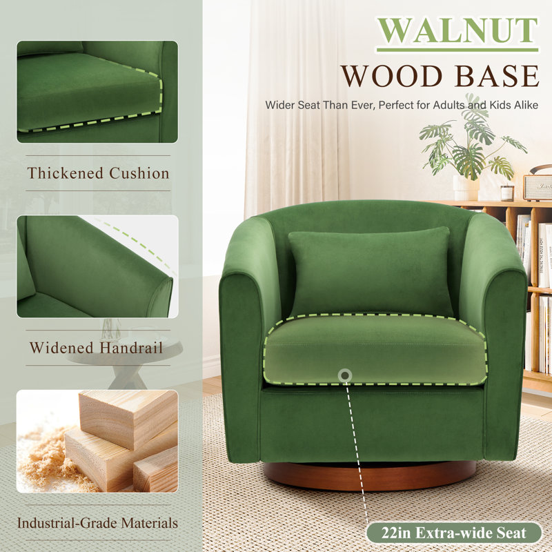 Latitude Run® Barrel Swivel Chair with Solid Wood Base and Throw Pillow ...
