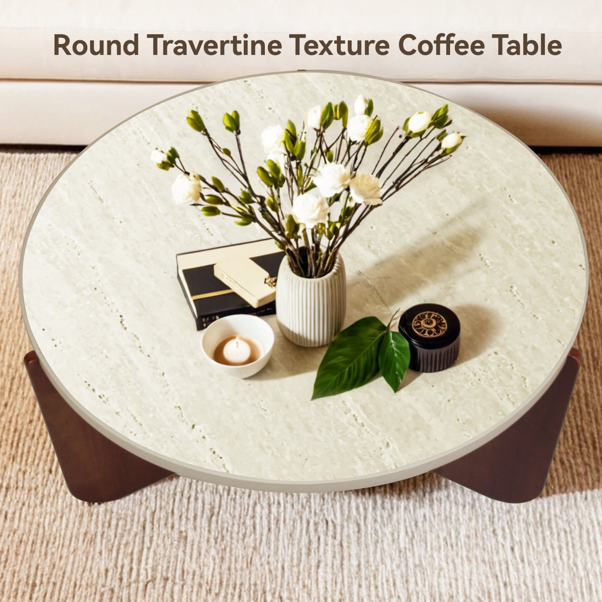 Ivy Bronx Elegant Round Travertine Texture Coffee Table – 30” Stone ...