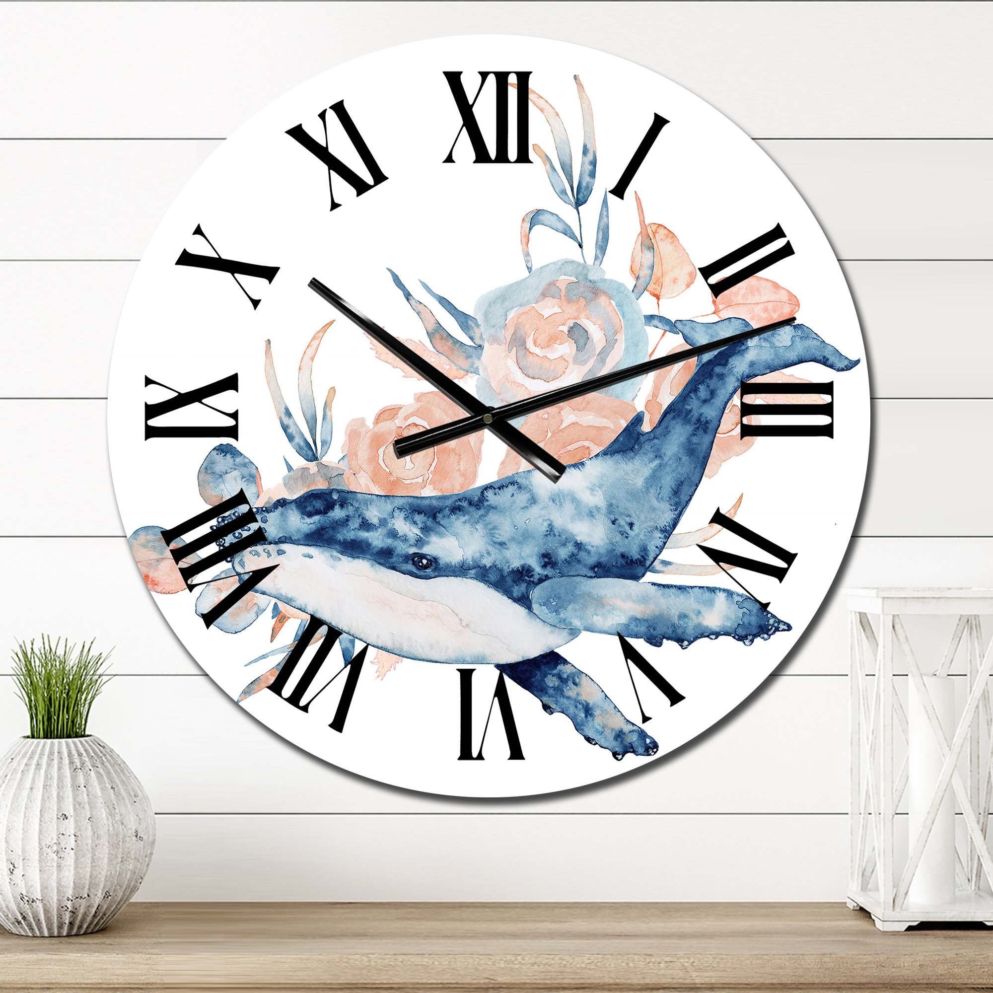 East Urban Home Blue Whale on White III - Nautical & Coastal Wall Clock ...