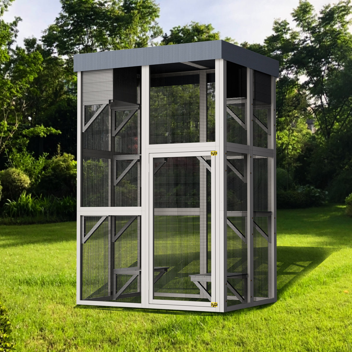 Latitude Run® 70.5 Tall, Gray Wood, Cat House, 6 Jumping Platforms, 2 ...