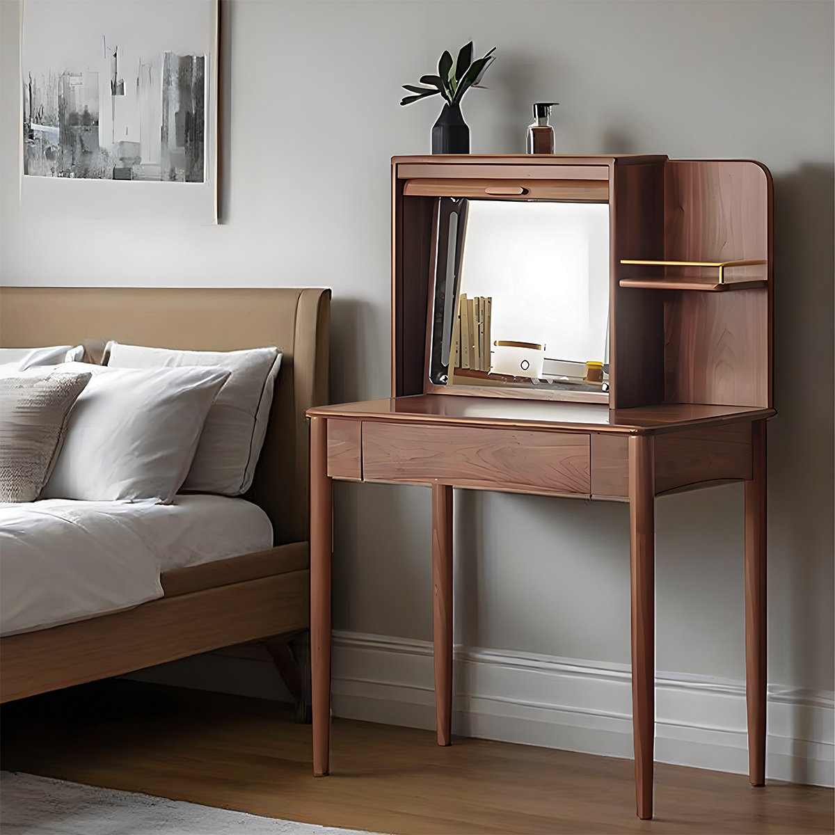 Wildon Home® Modern minimalist solid wood vanity table with lighted ...