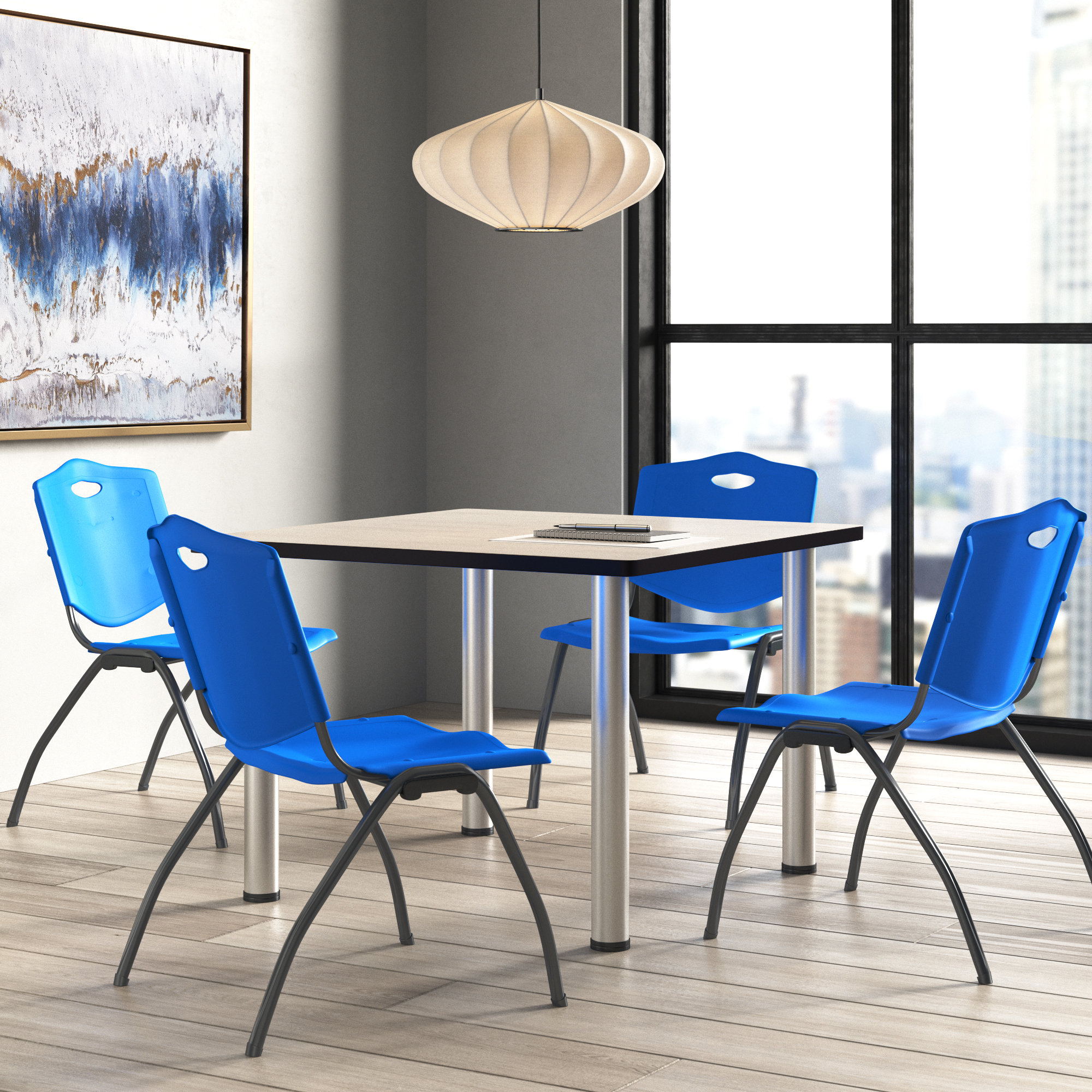 Inbox Zero Kee Square Breakroom Table Top, 4 M Stack Chairs | Wayfair