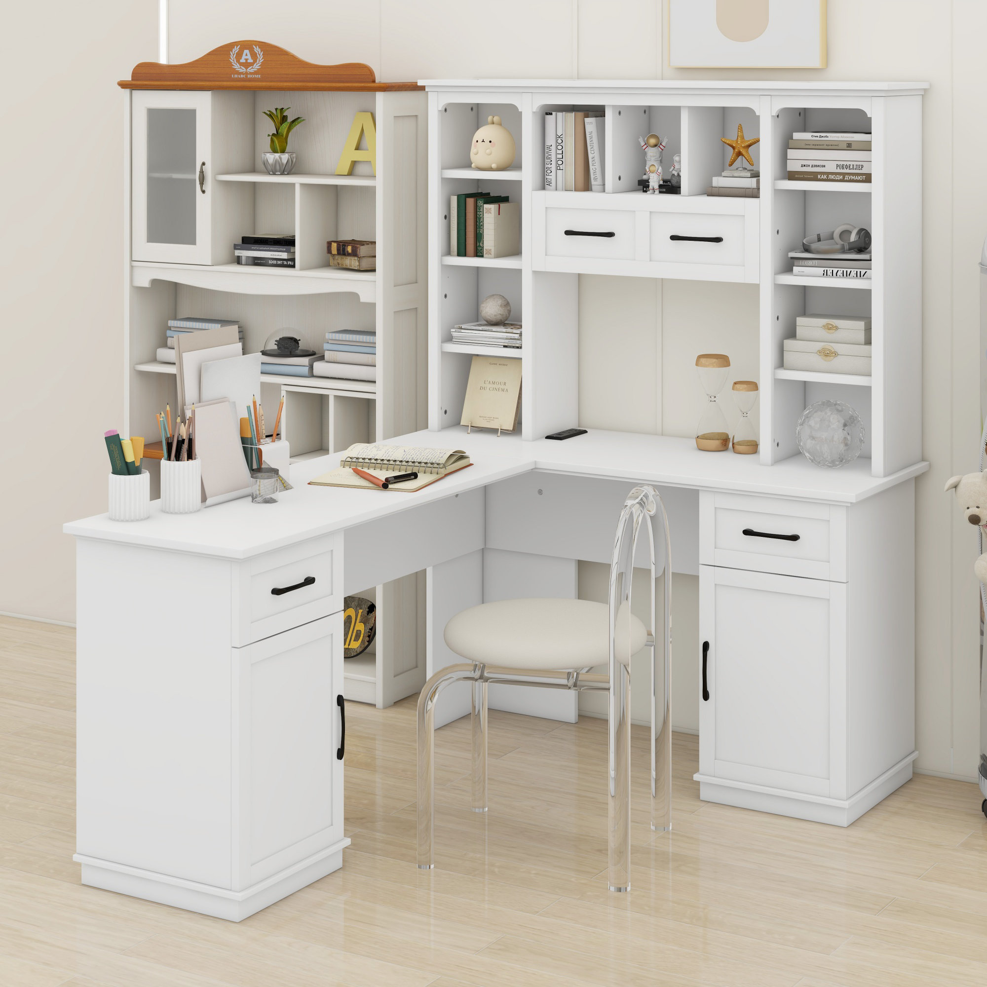 Latitude Run® L-Shaped Computer Desk With Cabinets And Drawers, Open ...