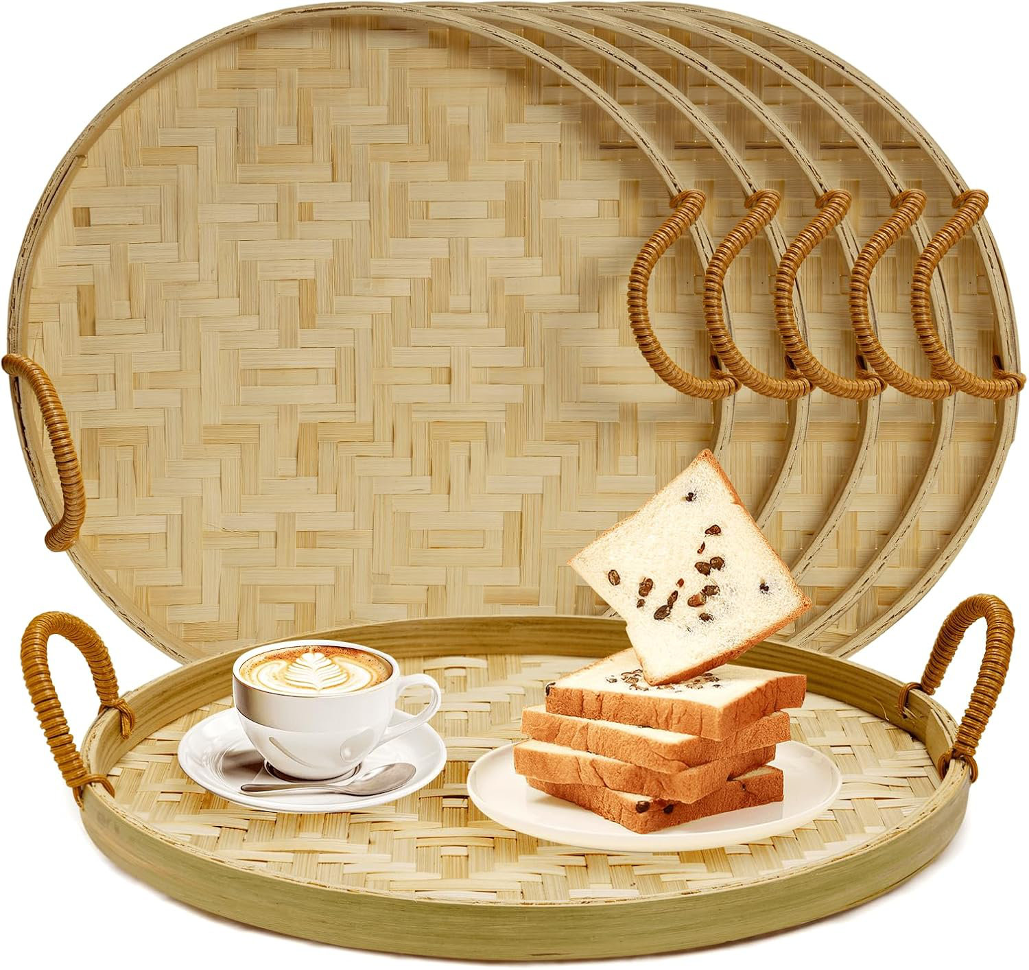 Bayou Breeze Set Of 6 Bamboo Wicker Serving Trays, 11.8Inch Round Lap ...