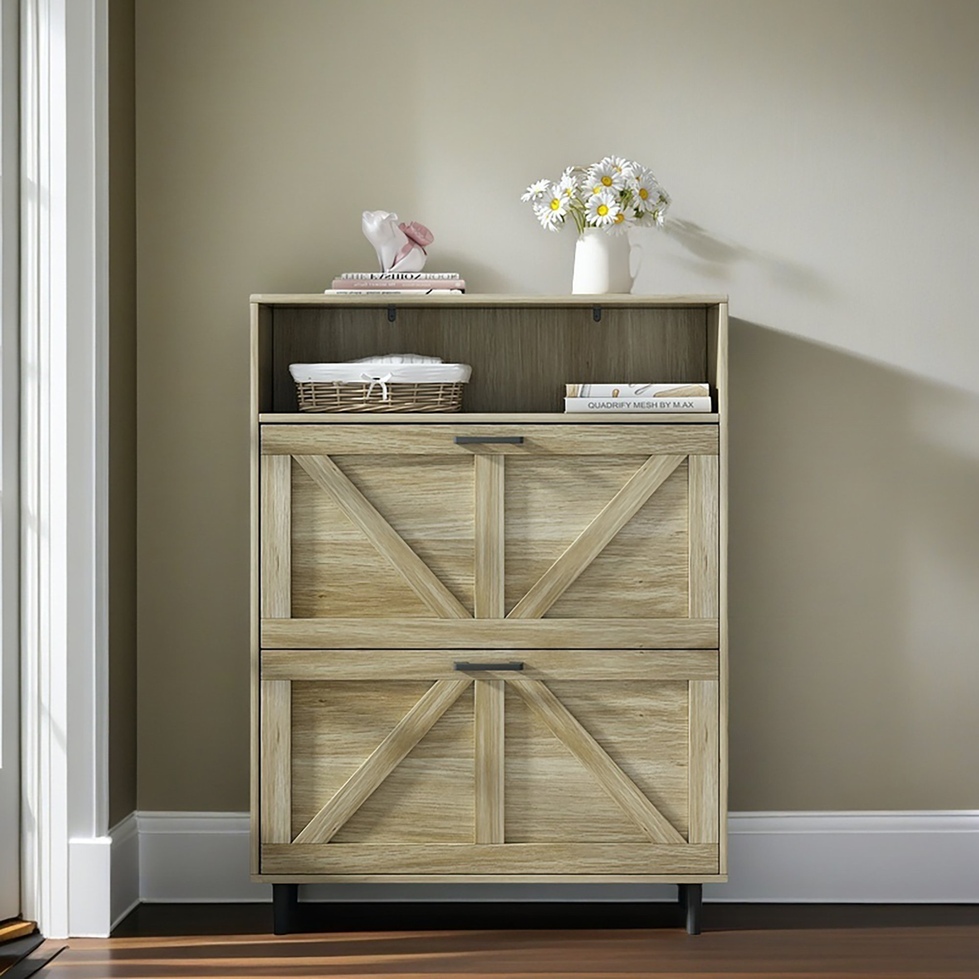 Gracie Oaks Farmhouse Shoe Storage Cabinet With Barn Door Design, Shoe ...