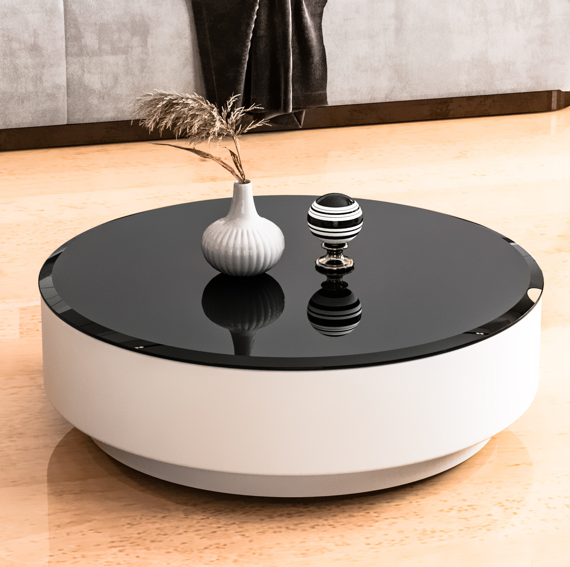 Novobey Round Tempered Glass Table Top black Glass Beveled Polished ...