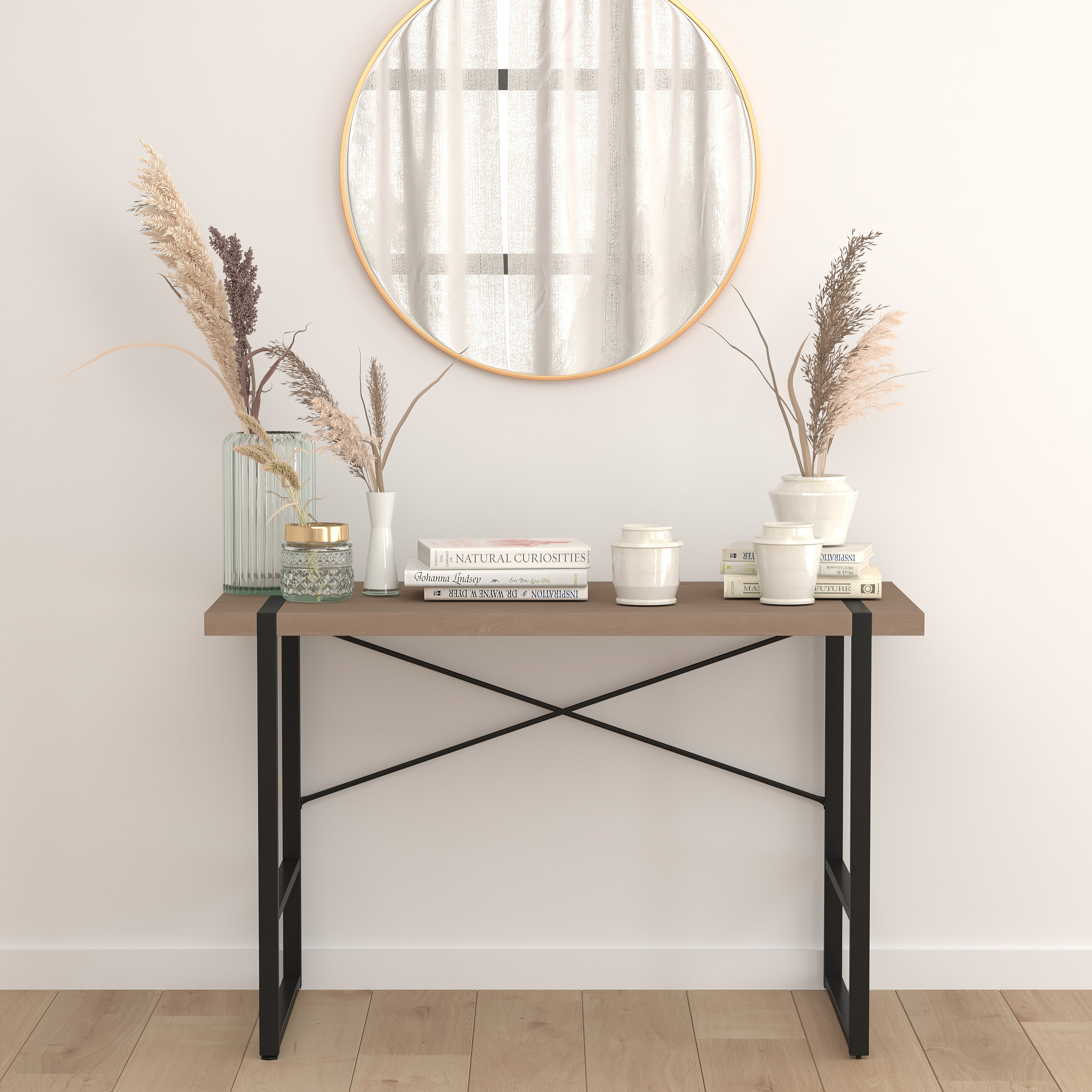 Wrought Studio™ Asmus Rustic Wood Grain Finish Console Table with Cross ...