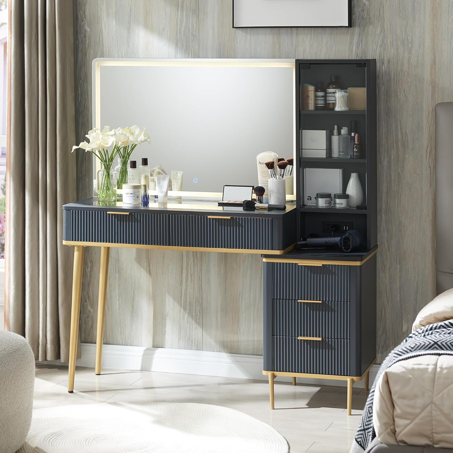 Mercer41 Zadia 48" Makeup Vanity with 36" Lighted Mirror, 4 Dressers ...