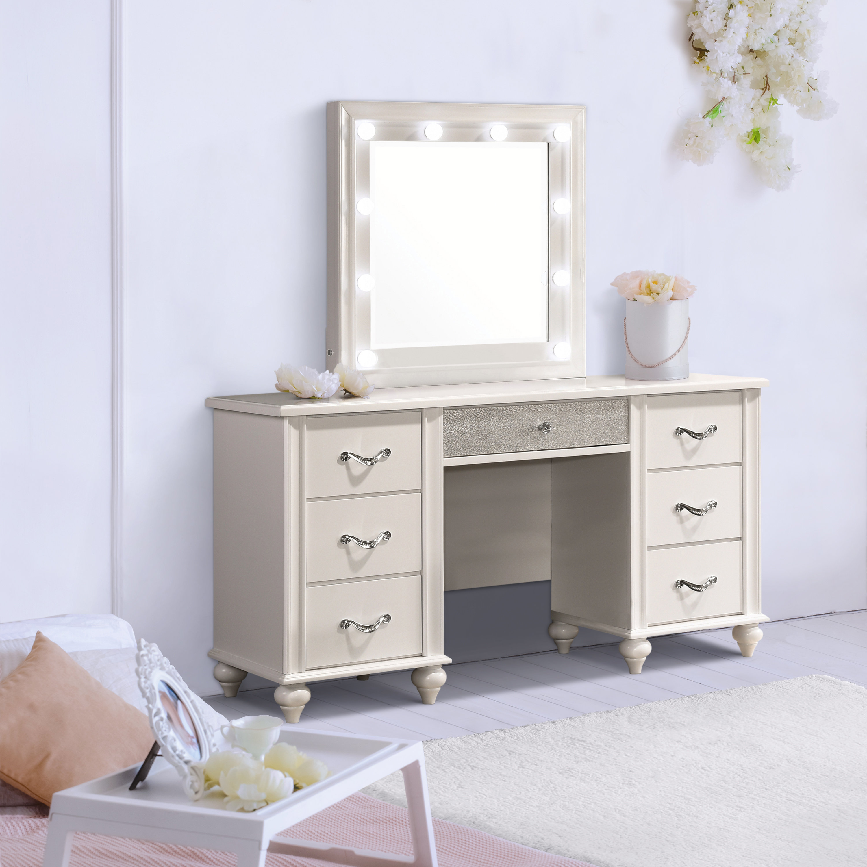 House of Hampton Charlotte White 7-Drawer Vanity Desk With LED Mirror ...