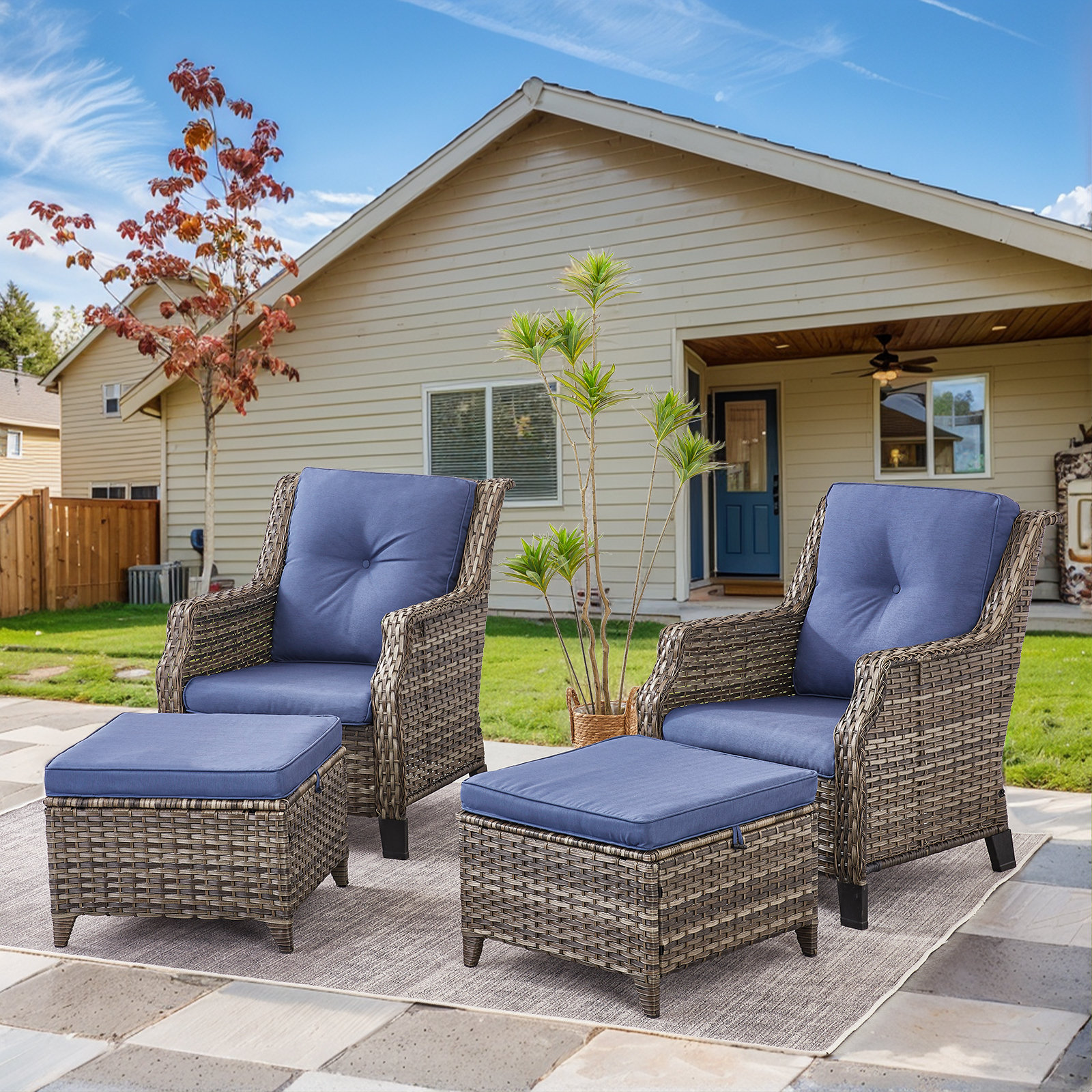Lark Manor Outdoor Wicker Patio Lounge Chairs With Ottomans (Set Of 2 ...