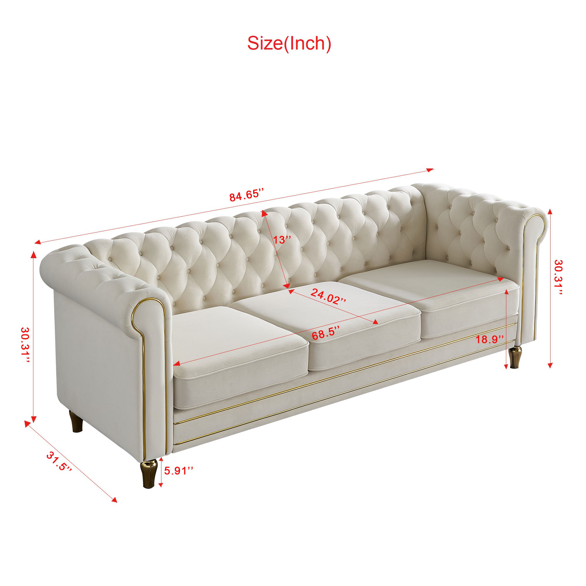 House of Hampton® Gevon Velvet Roll Arm Sofa, Chesterfield Sofa for ...