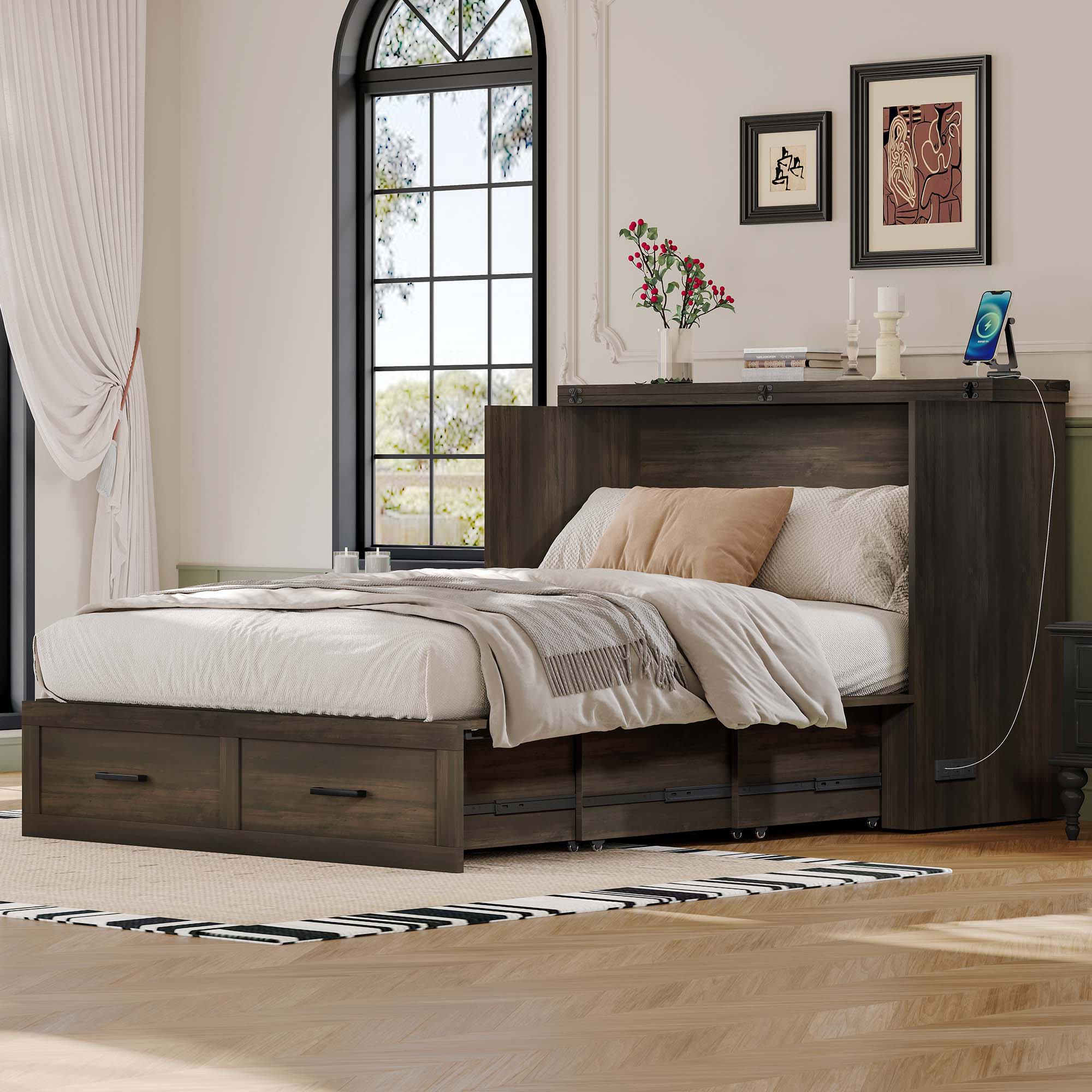 Galibens Farmhouse Murphy Cabinet Bed With Charging Station, Foldable ...