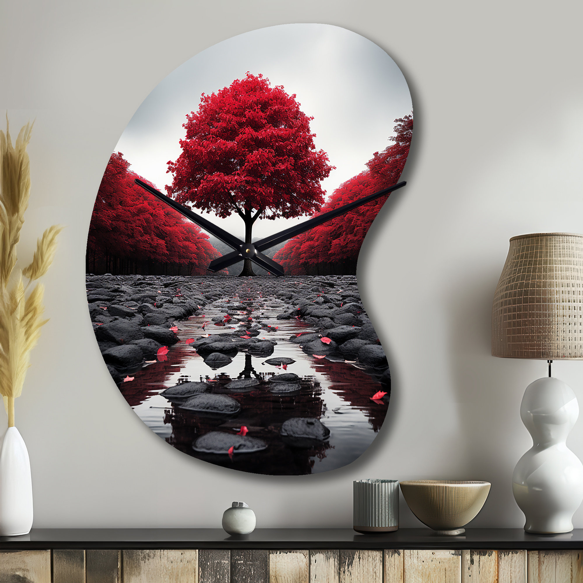 Design Art Red And Grey Forest Serenity - Boom Shape Red Wall Clock ...