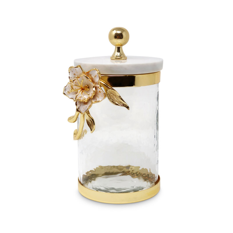 Winston Porter Hammered Glass Canister with White Enamel and Gold ...