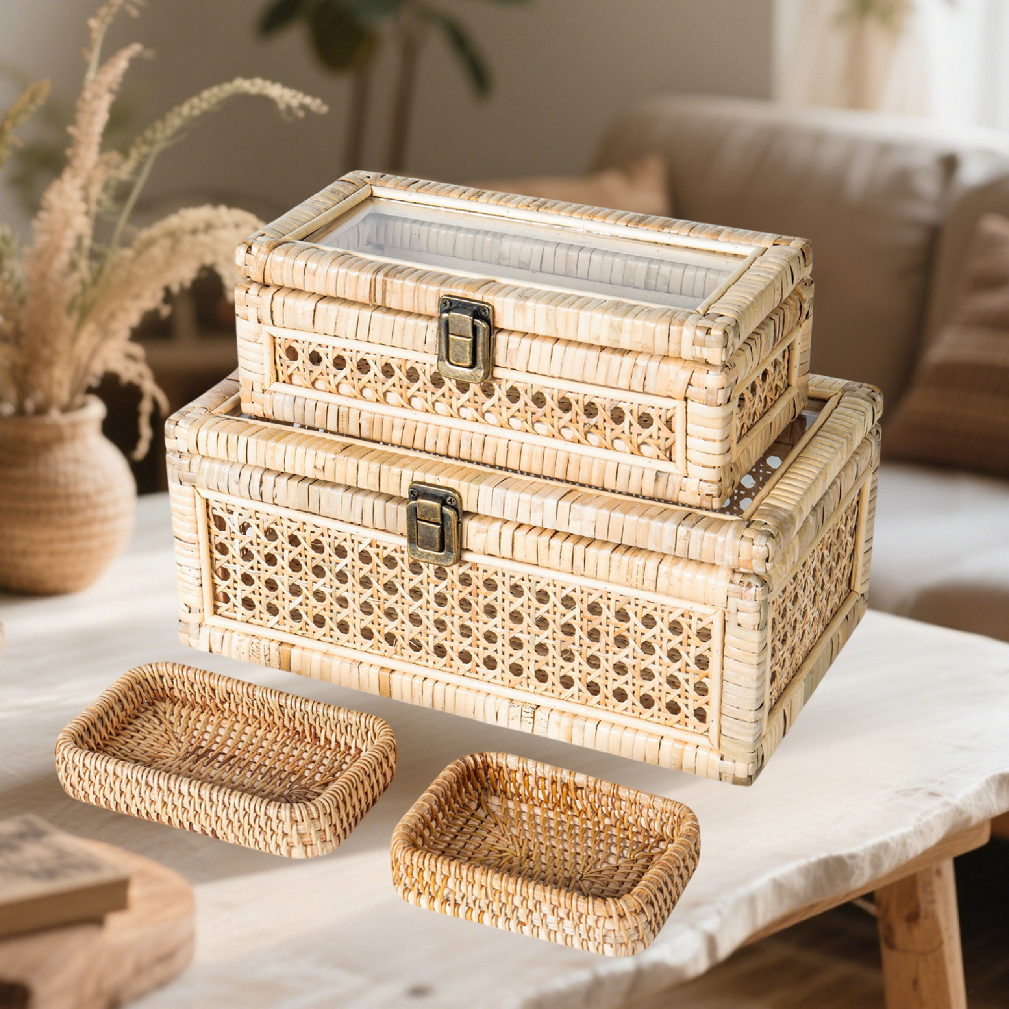 Bay Isle Home™ Handwoven Rattan Display Box Set Of 2 With Glass Lids ...