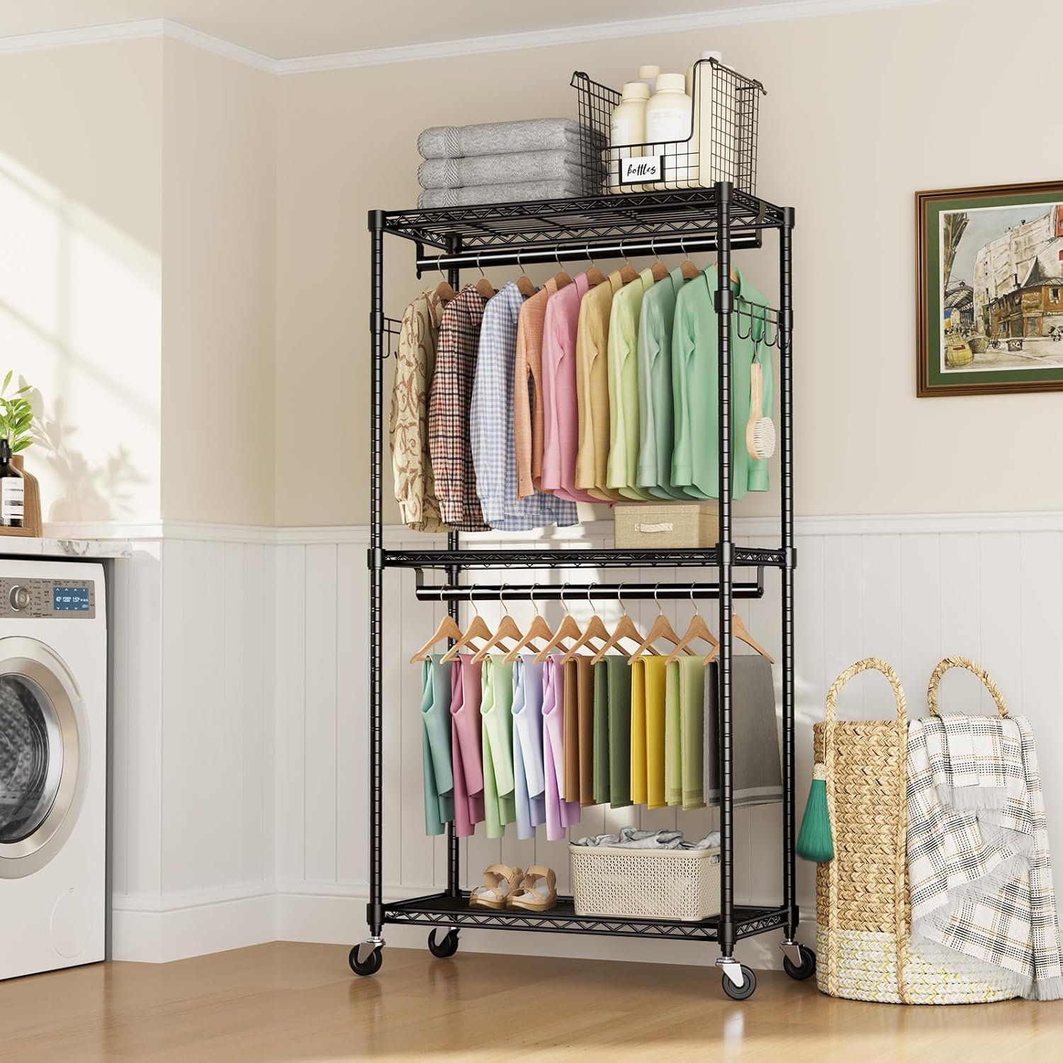 Rebrilliant Medium Rolling Clothes Rack, Heavy Duty Garment Racks 3 ...