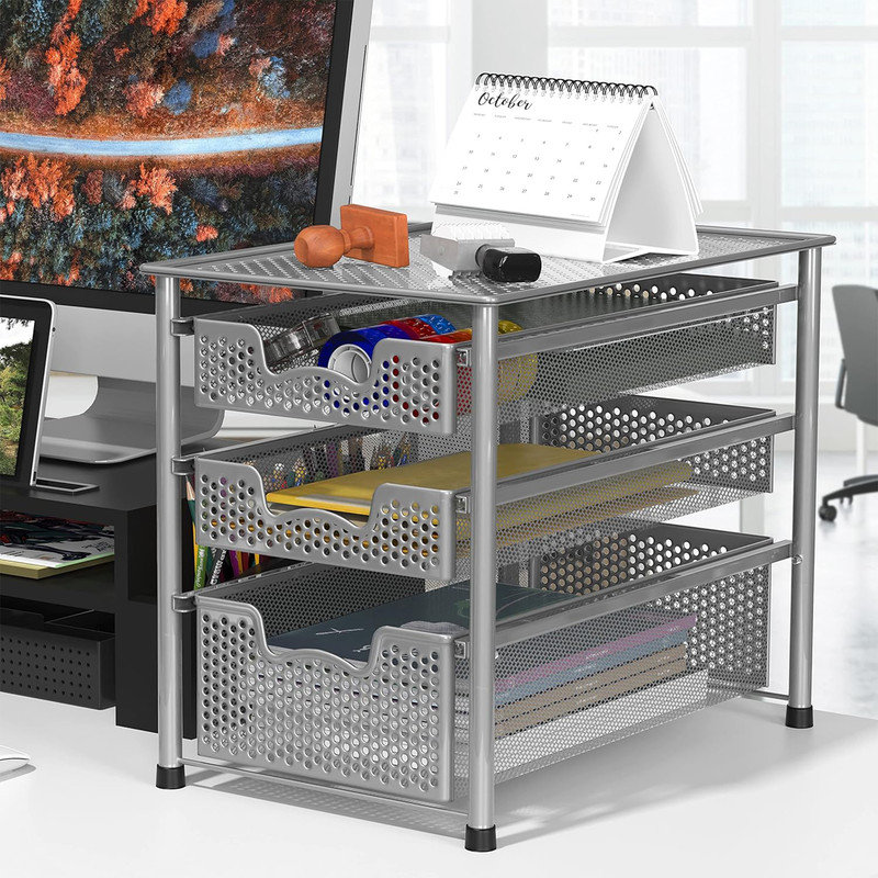 Brayden Studio Stackable 3 Tier Sliding Basket Organizer Drawer, Silver ...