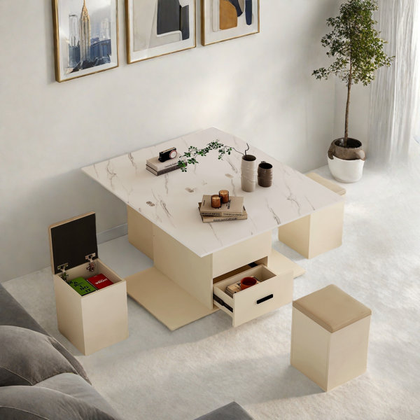 Ivy Bronx Modern Lift-up Folding Coffee Table With 4 Stools, 2 Drawers ...