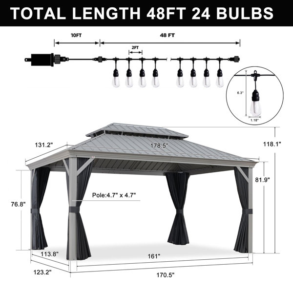 Purple Leaf 11' X 15' Hardtop Aluminum Gazebo With Double Metal Roof ...