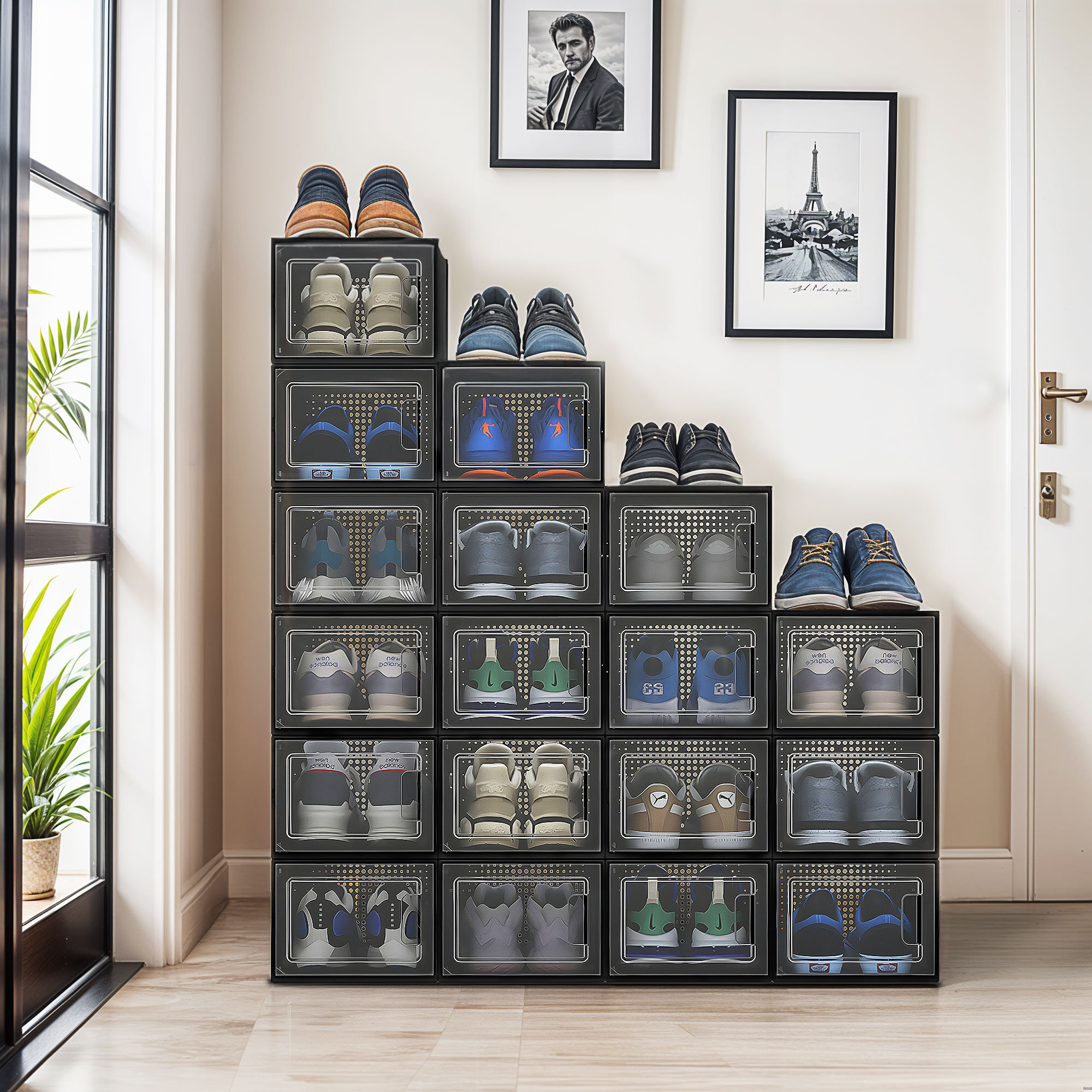 Rebrilliant 18PCS Stackable Black Shoe Storage Boxes with Clear Doors ...