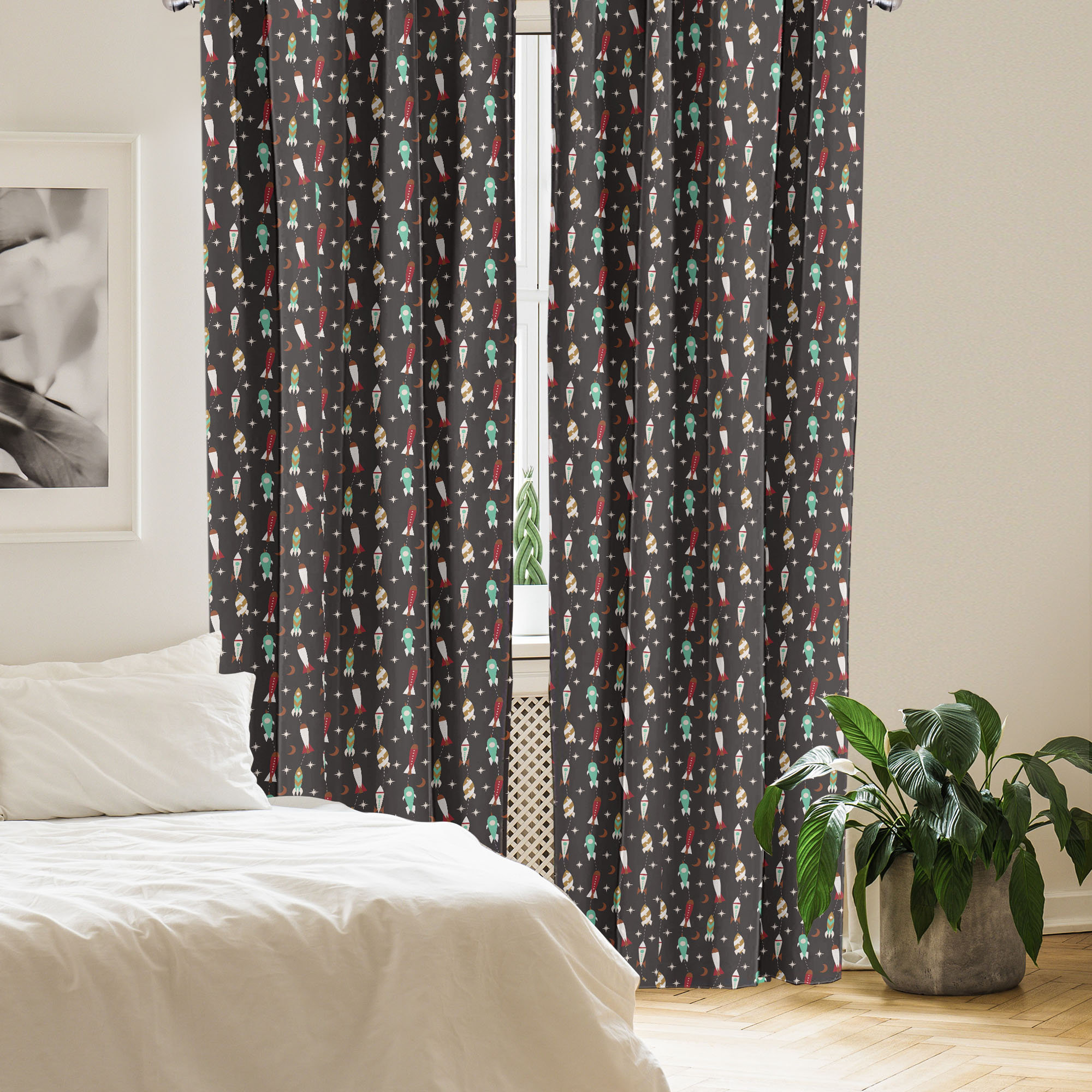 East Urban Home Rockets 4-Panel Curtains, Space Science Tech Machines ...