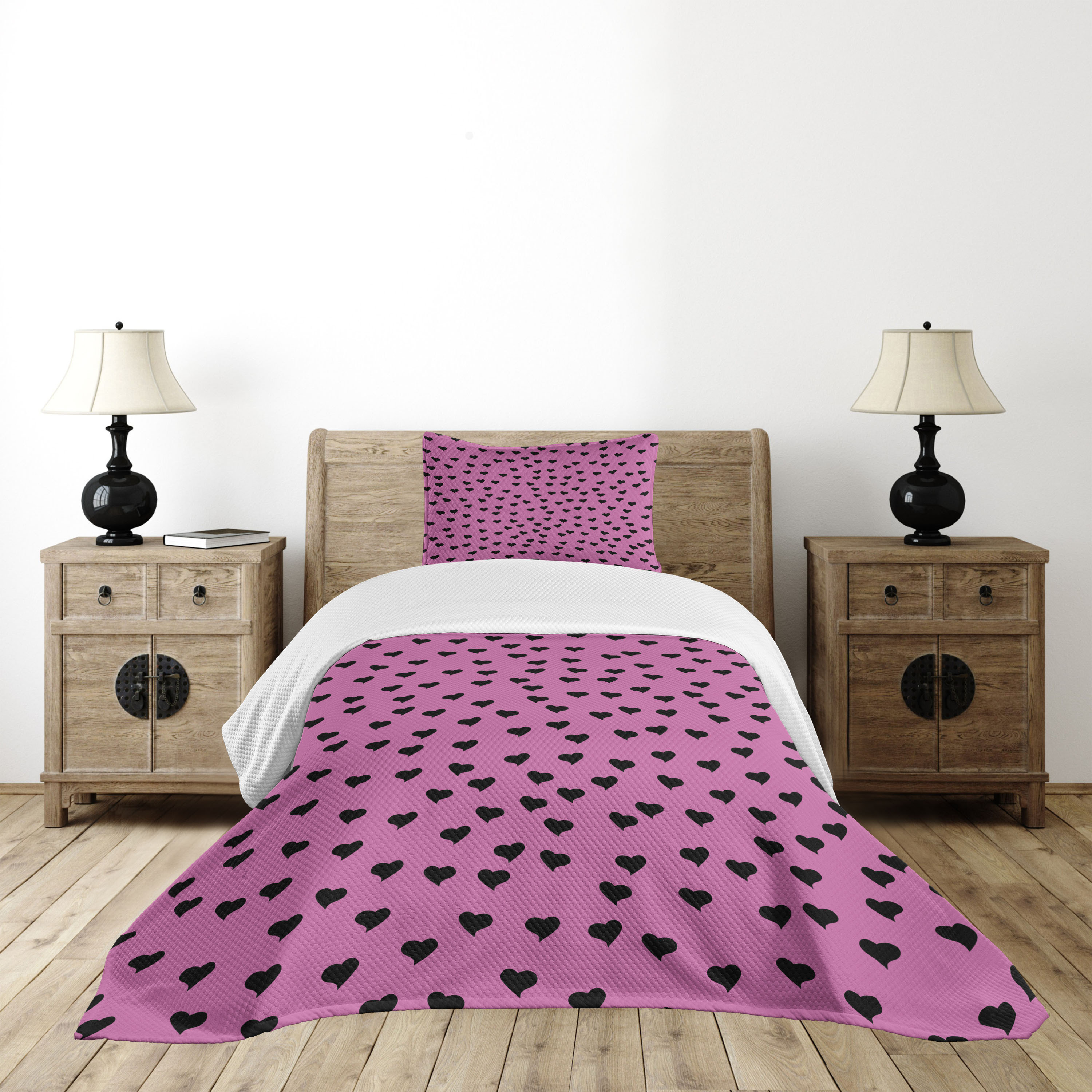 Ambesonne Hot Pink Bedspread Set Black Hearts Romantic Fuchsia Black ...