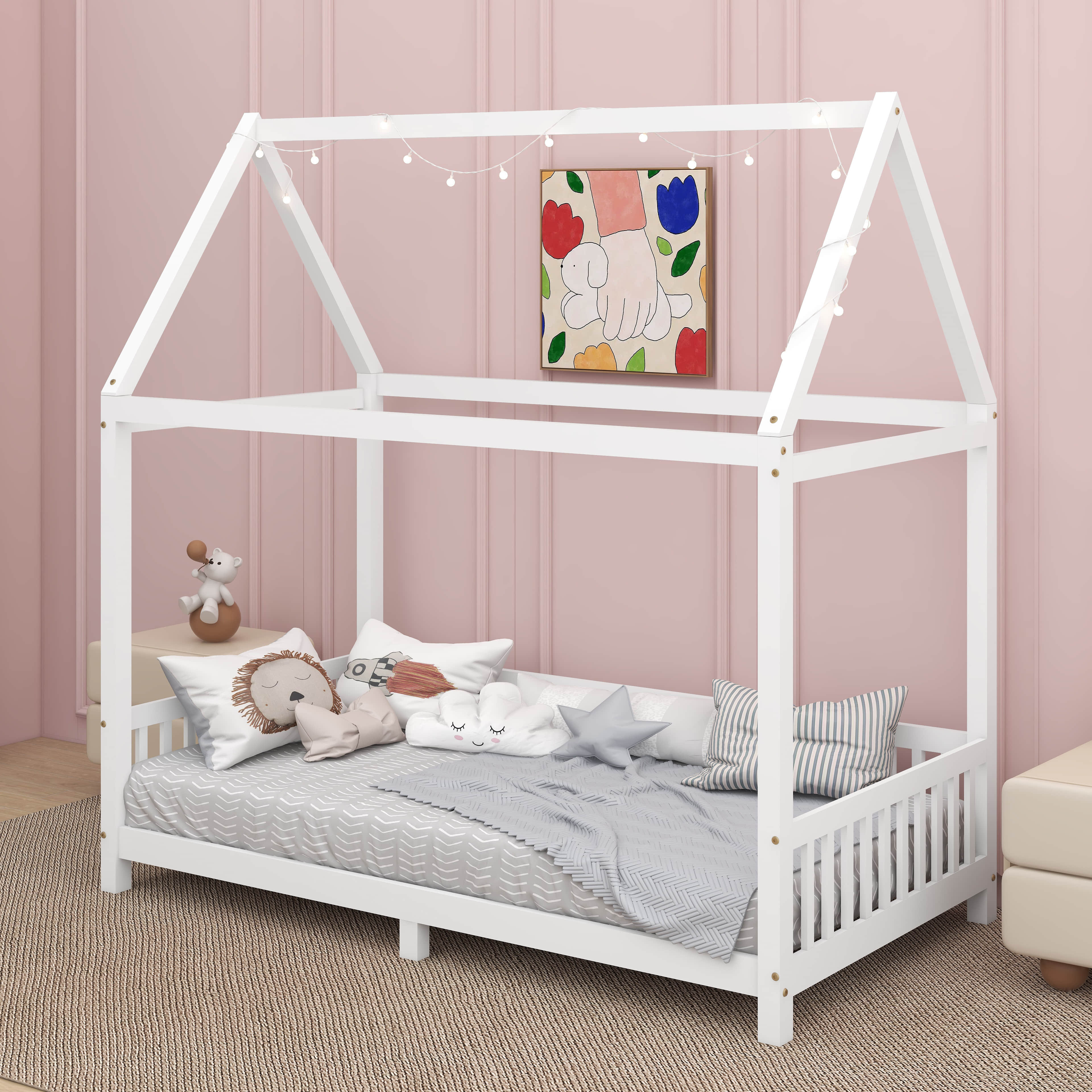 Ophelia & Co. Wood Twin Size House Bed With Guardrail And LED | Wayfair