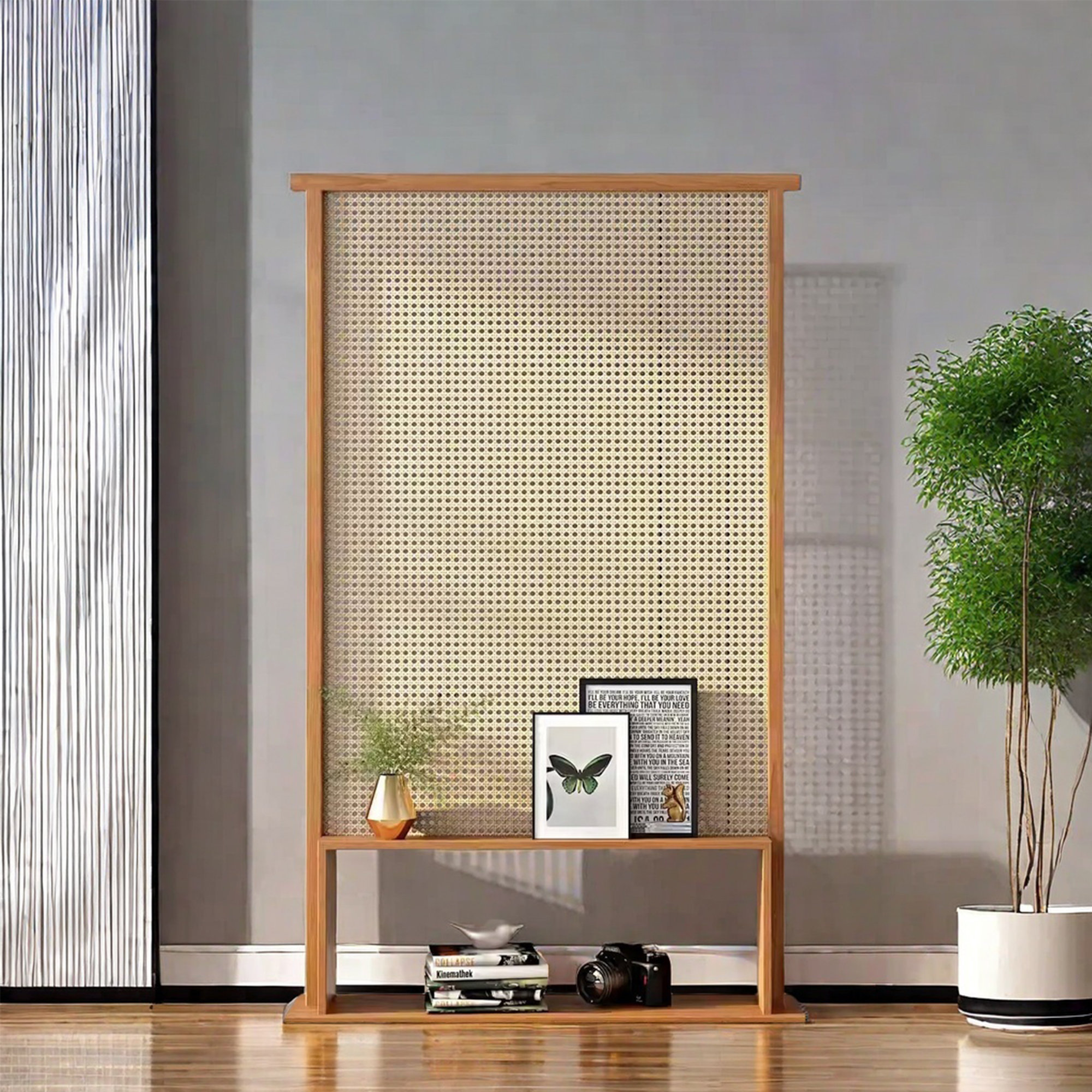 Sleek Surface Designs Solid Wood and Rattan Partition with Storage ...