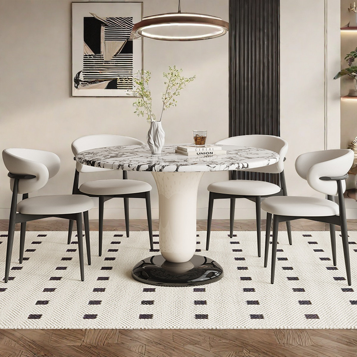 ALLNICEDT Modern Round Faux Marble Dining Table Set | Wayfair