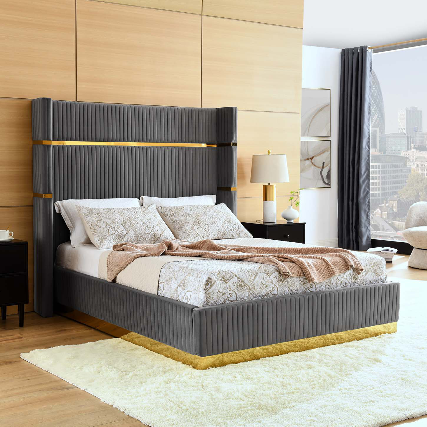 Mercer41 Upholstered Bed Frame, Wingback Headboard Queen Bed Frame ...