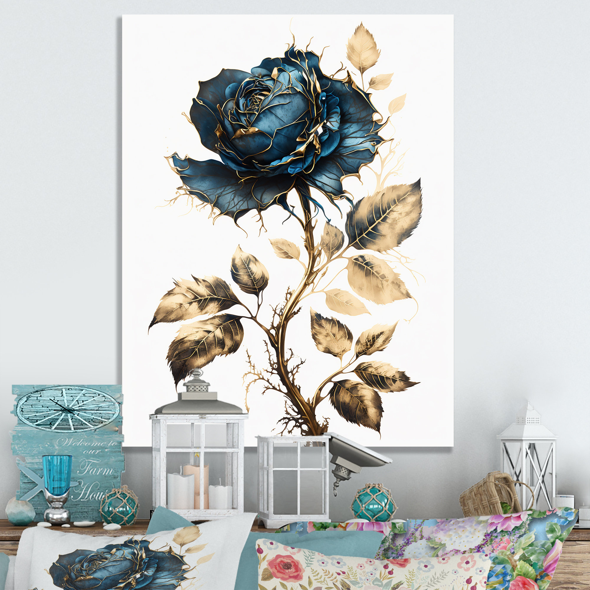 House of Hampton Blue And Gold Painted Rose On White I Blue And Gold ...