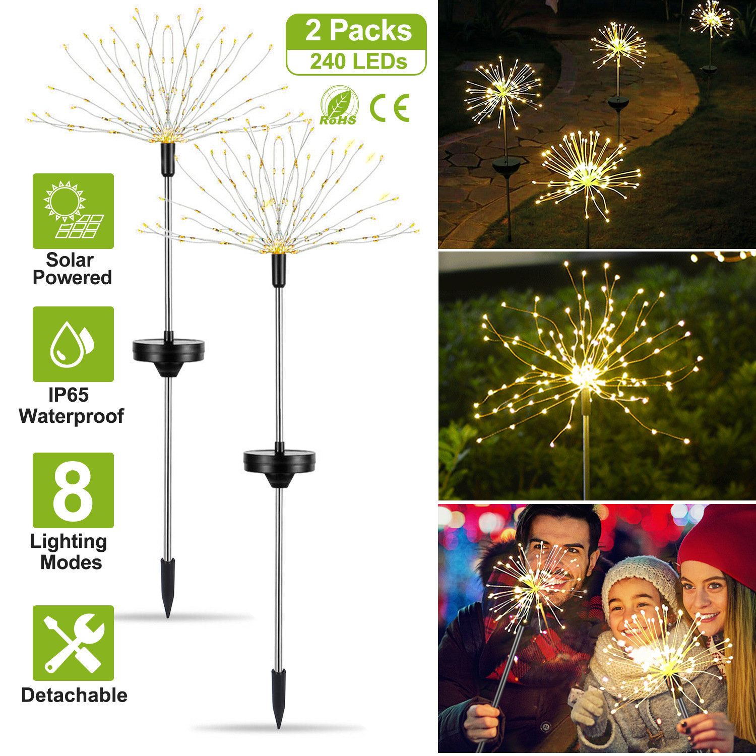 Edge Collections 2Pcs Solar Powered Starburst Lights 240 LEDs Firework ...