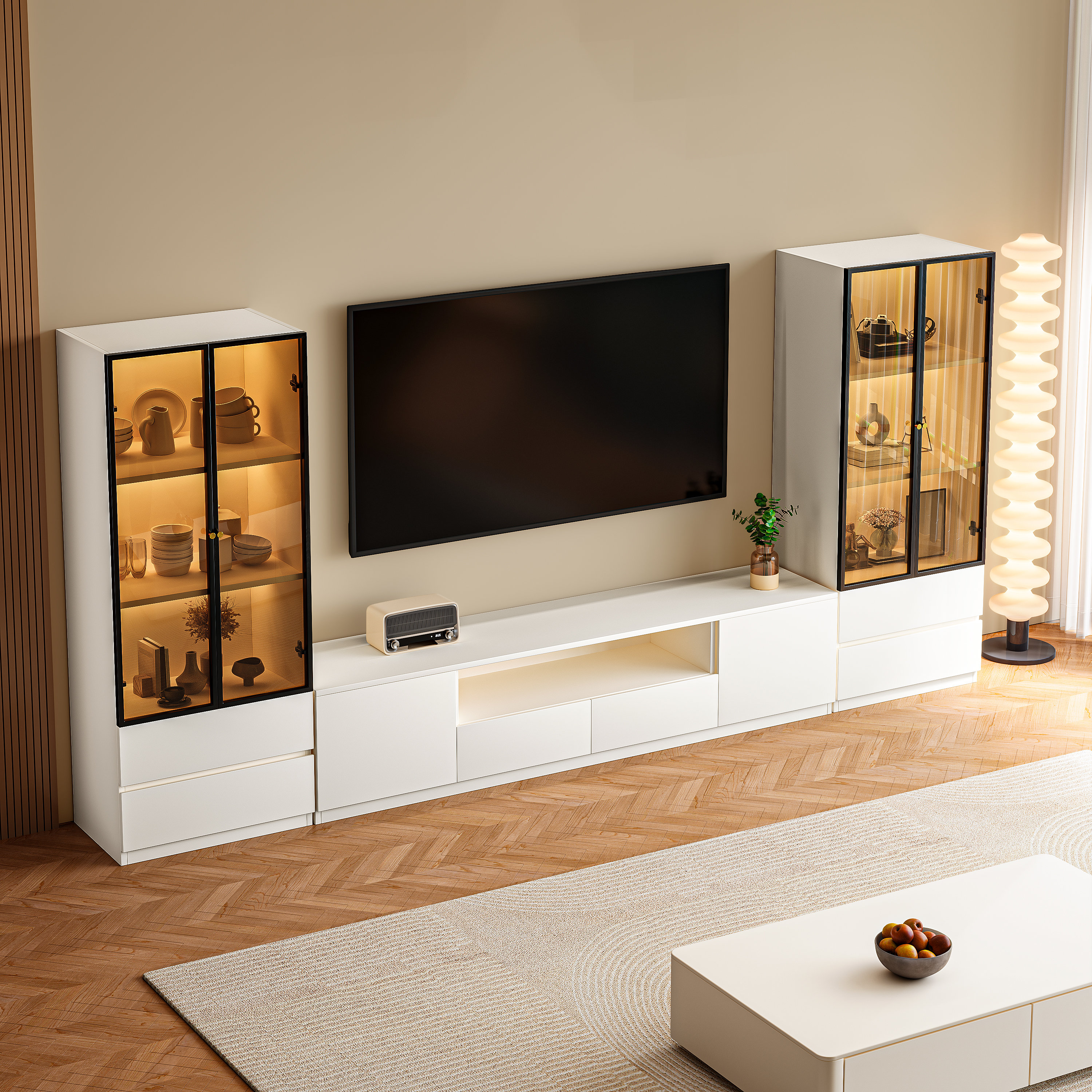 Orren Ellis 126 Inch White 3 Pieces Entertainment Center Set For TVs up ...