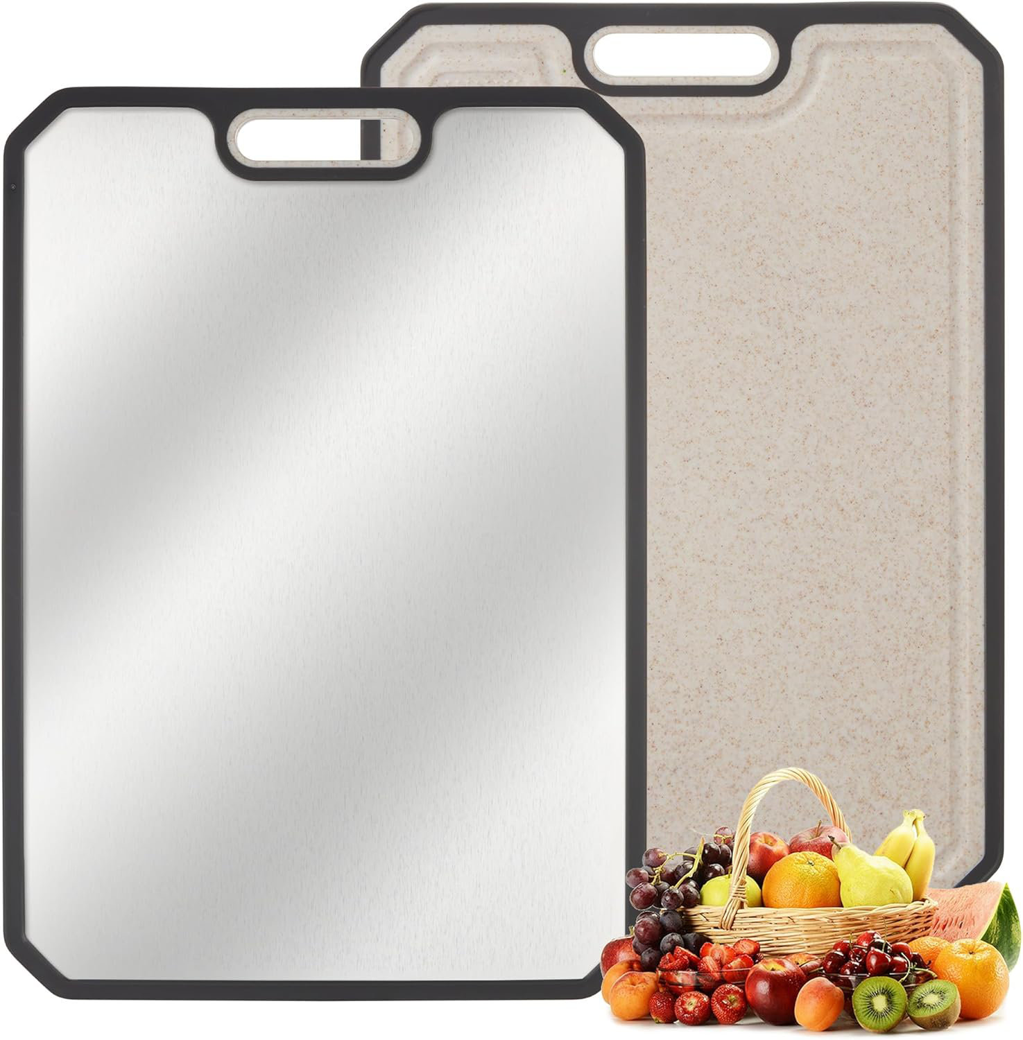FXSGER Double-Sided 304 Stainless Steel & Titanium Cutting Board – Deep ...