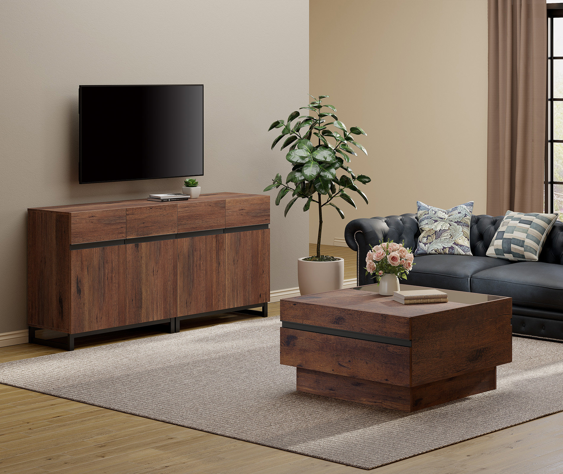 17 Stories 2-Piece Modern TV Stand And Coffee Table Set, Storage ...