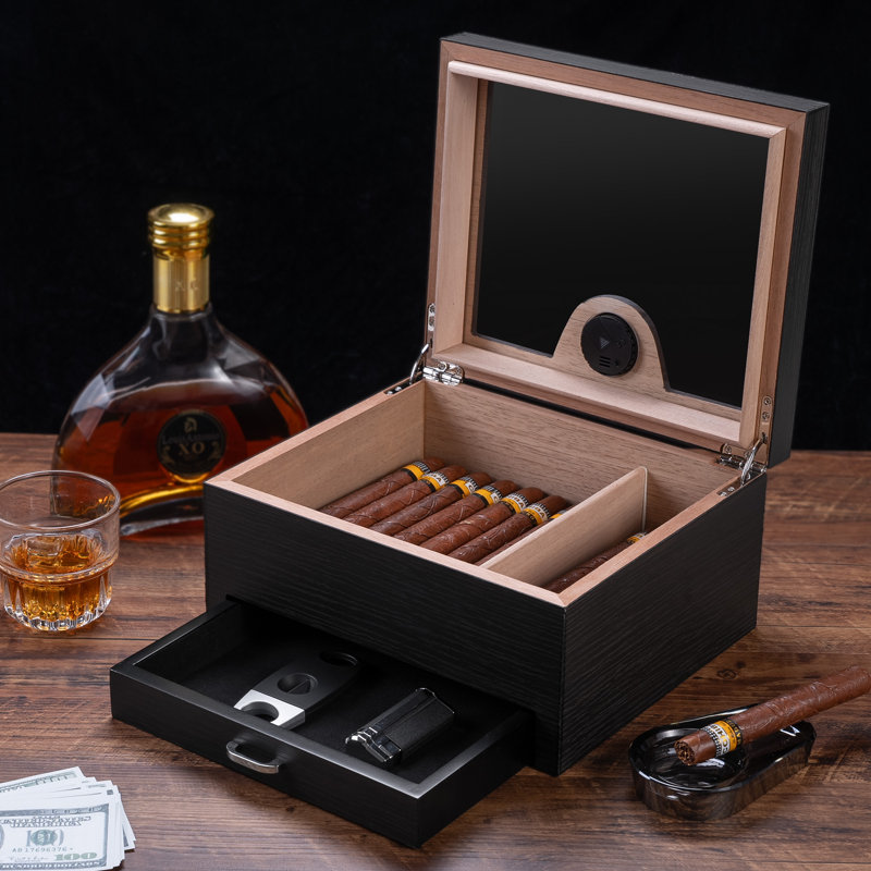 Latitude Run® Cigar Humidor Box for 50 Cigars with Drawer, Hygrometer ...