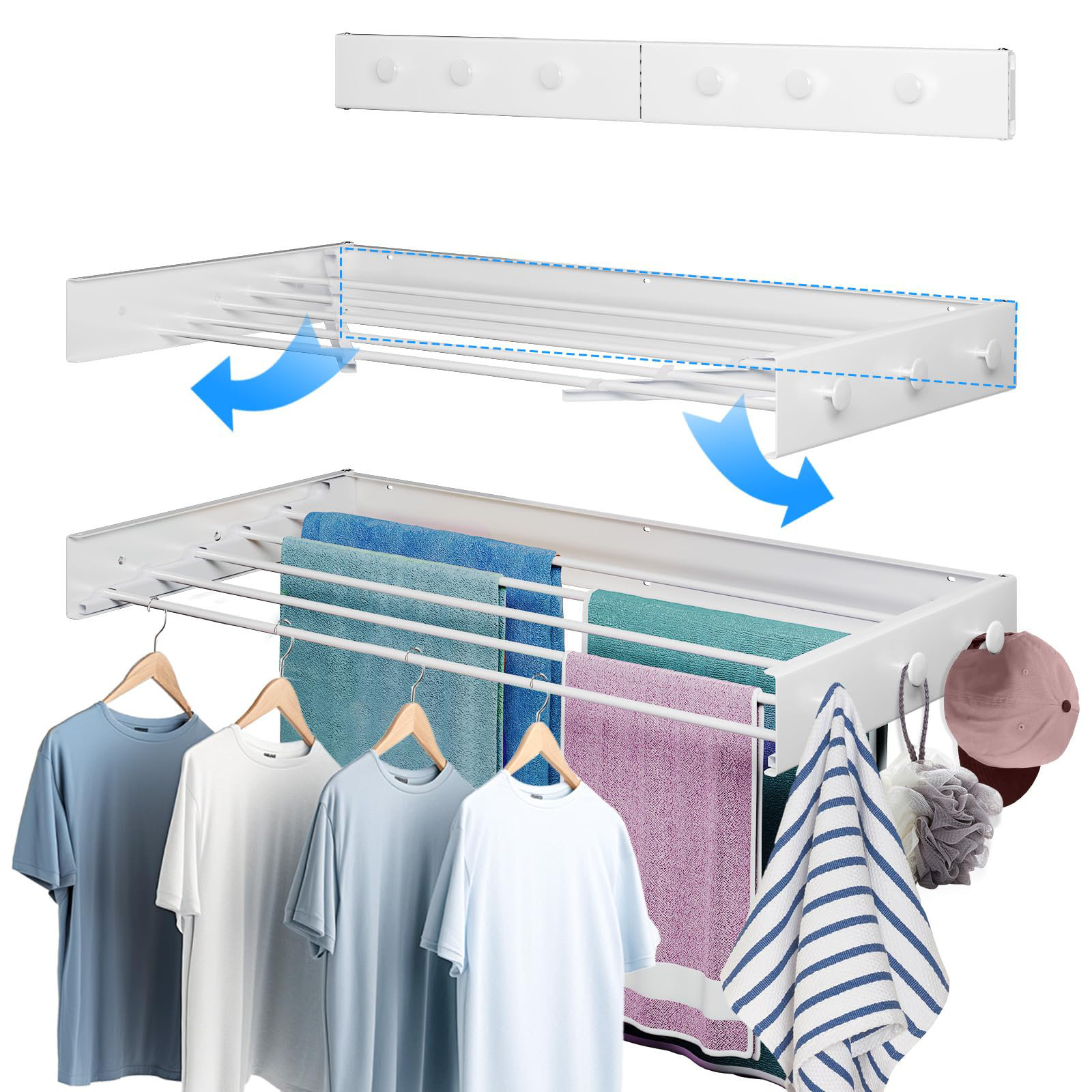 Rebrilliant Wall Mounted Drying Rack 31.5", Upgrade 6 Knob Hooks, 5 ...