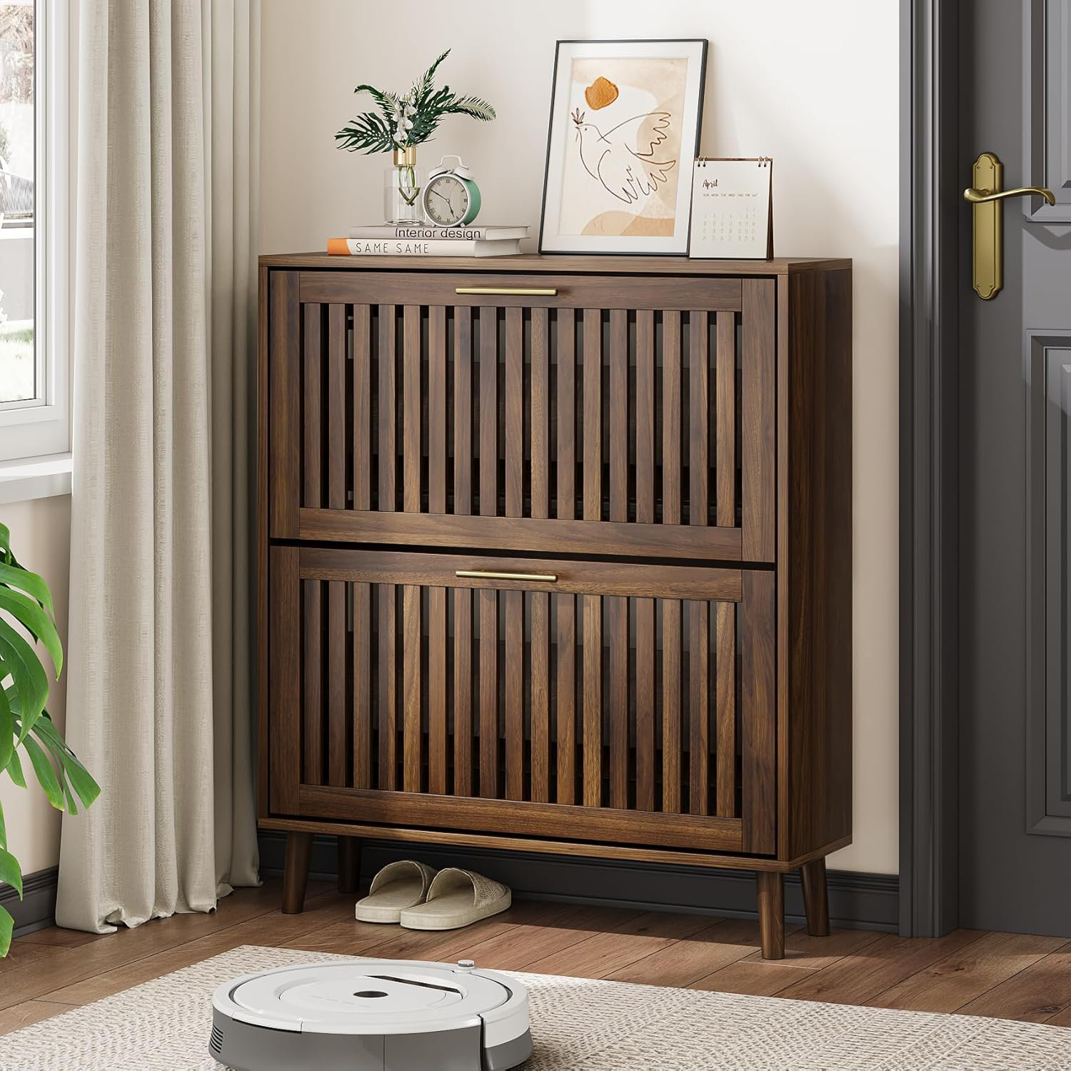 Corrigan Studio Slim Shoe Storage Cabinet With Louvred Flip Drawers ...