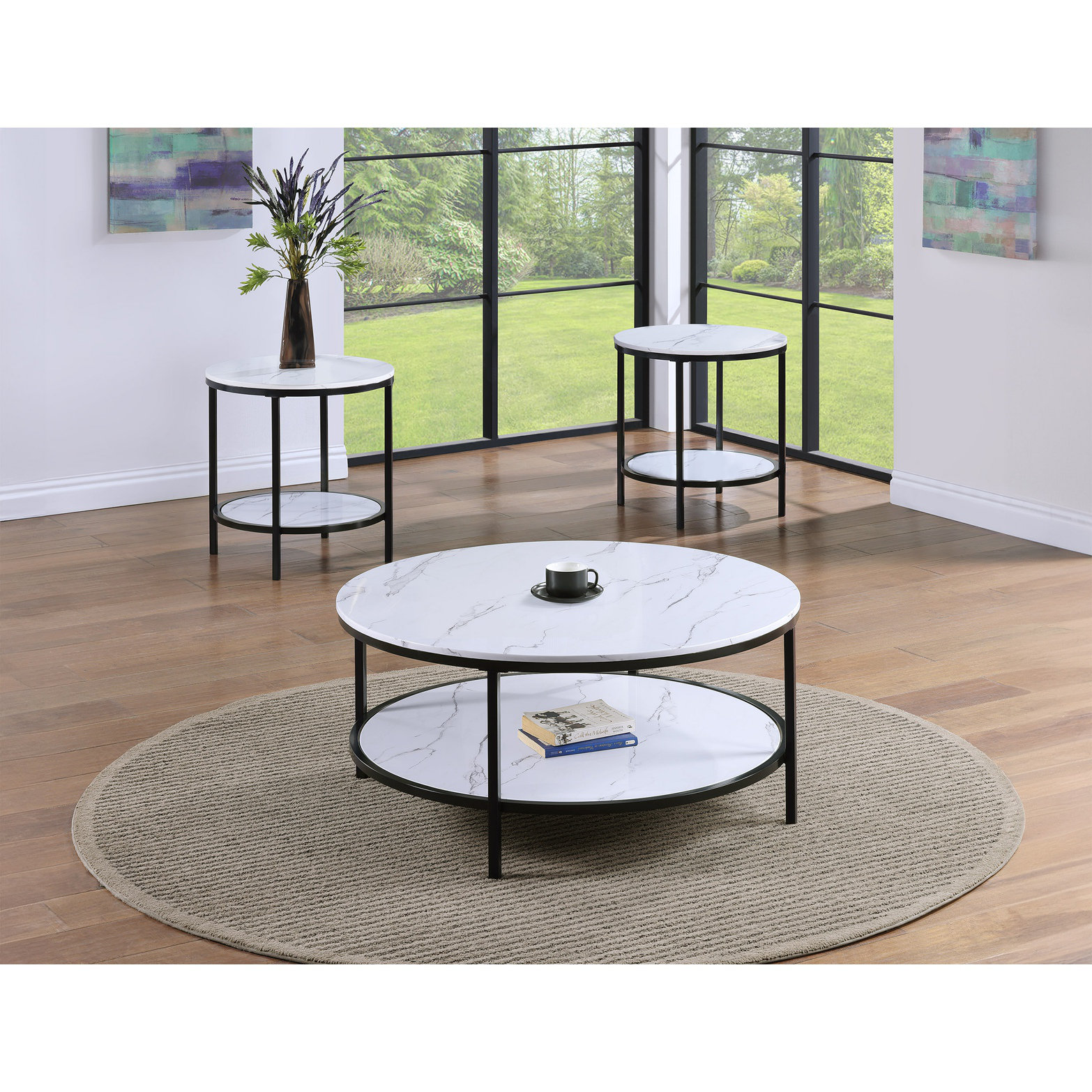 Hokku Designs 3Pc Modern Cocktail Set 1X Round Coffee Table And 2X End ...