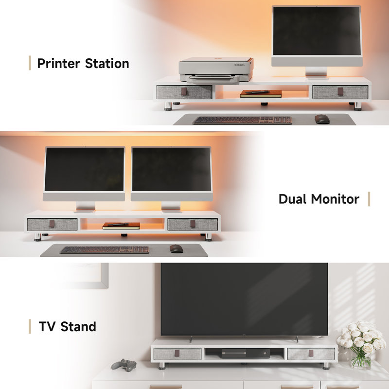 Latitude Run® Monitor Stand, Dual Monitor Stand with 2 Drawers, Monitor ...