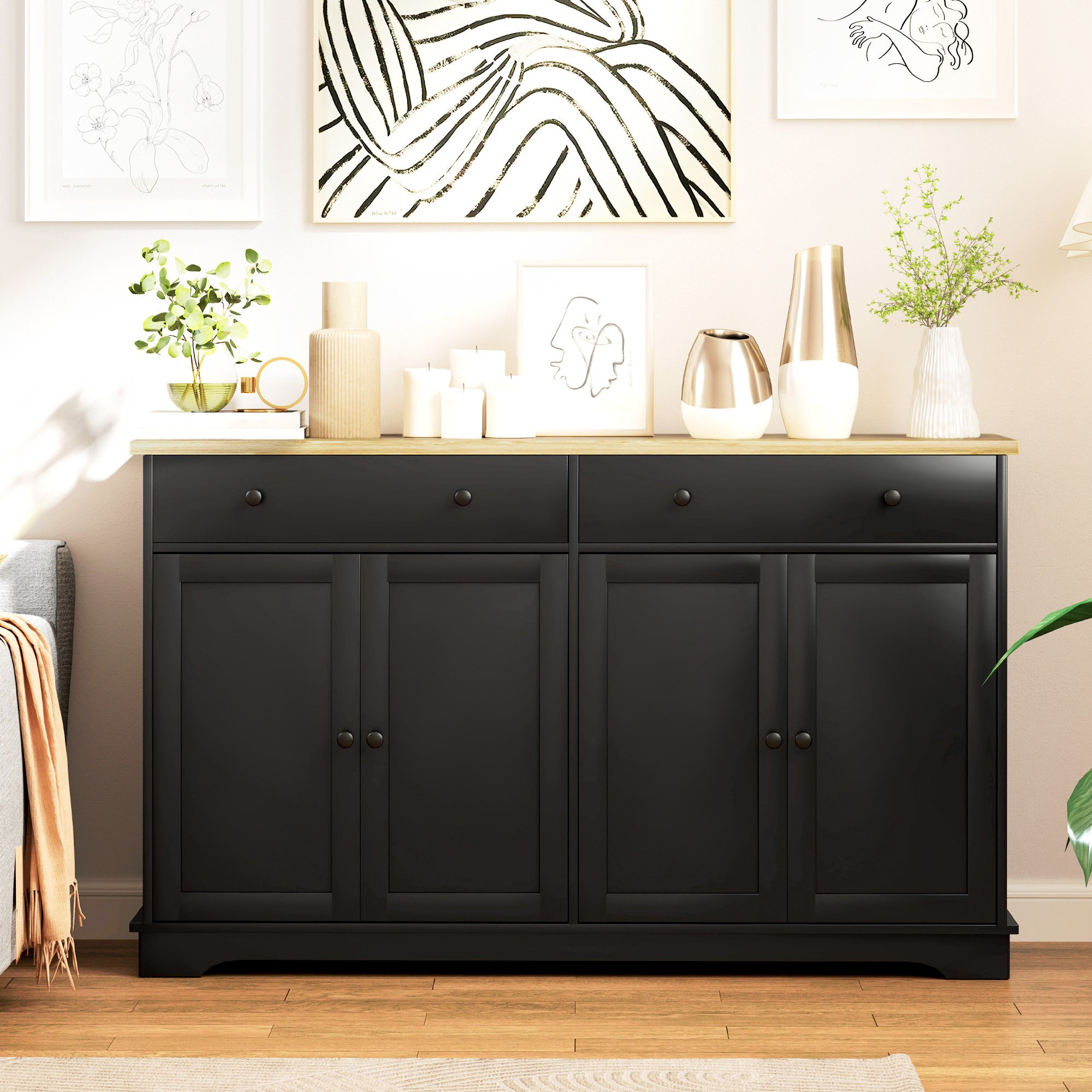 August Grove® Sideboard Cabinet with Storage Drawers Adjustable Shelves ...